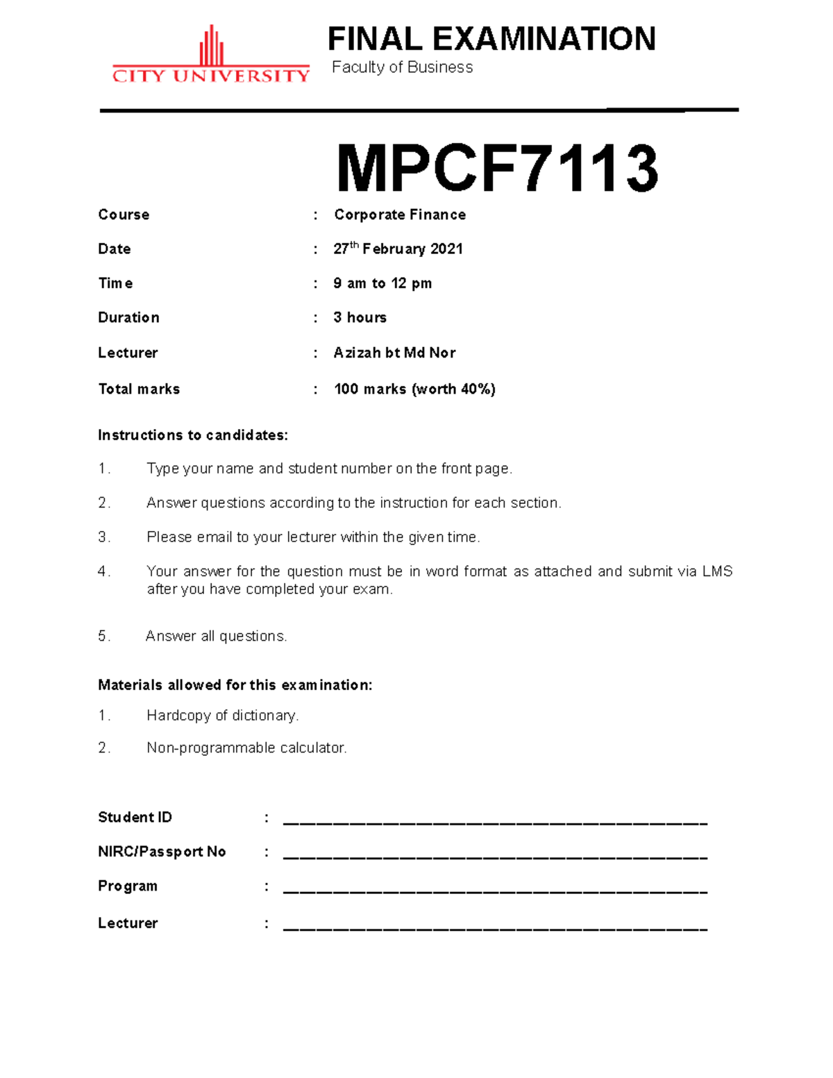 logistic paper solved - FINAL EXAMINATION Faculty of Business Course ...