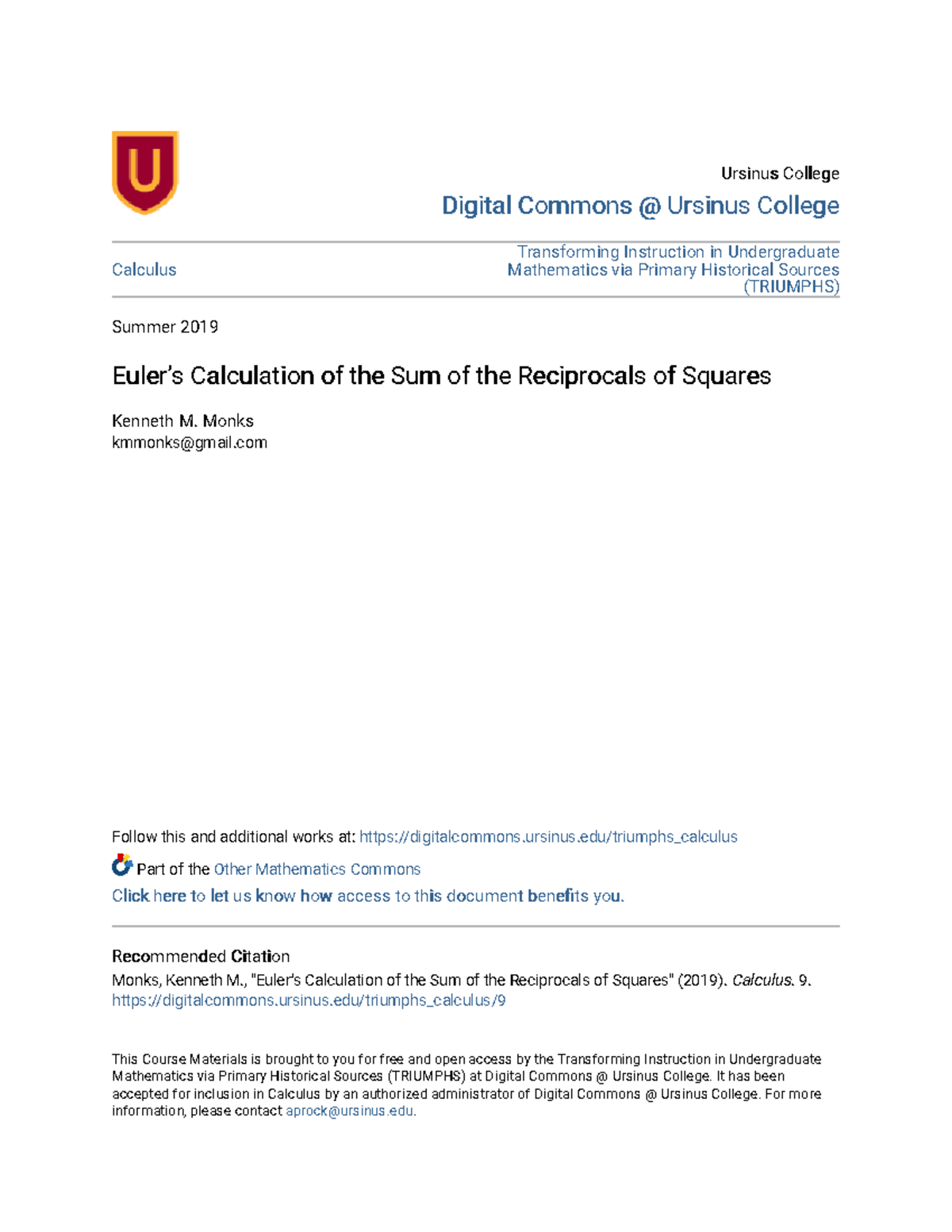 Euler s Calculation of the Sum of the Reciprocals of Squares - Ursinus CollegeUrsinus College ...