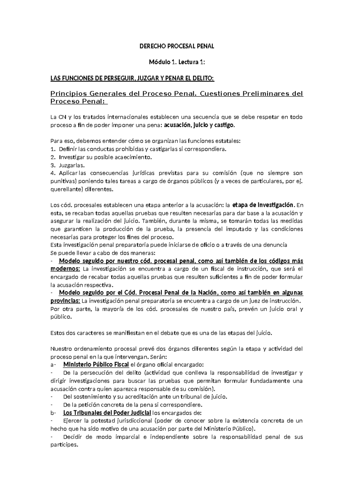 Modulo 1 Resumen - DERECHO PROCESAL PENAL Módulo 1. Lectura 1: LAS FUNCIONES DE PERSEGUIR ...
