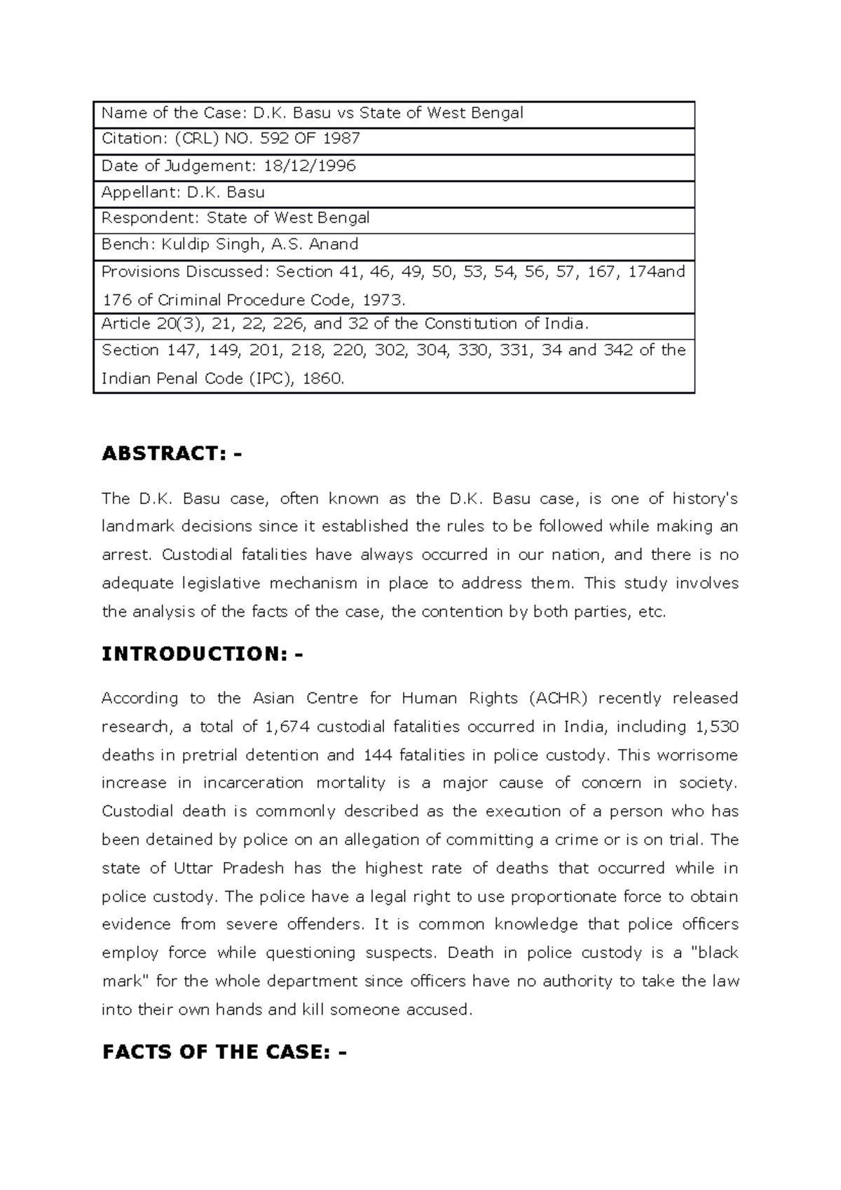 D.K. Basu v. State of West Bengal Task 3 - Name of the Case: D. Basu vs ...