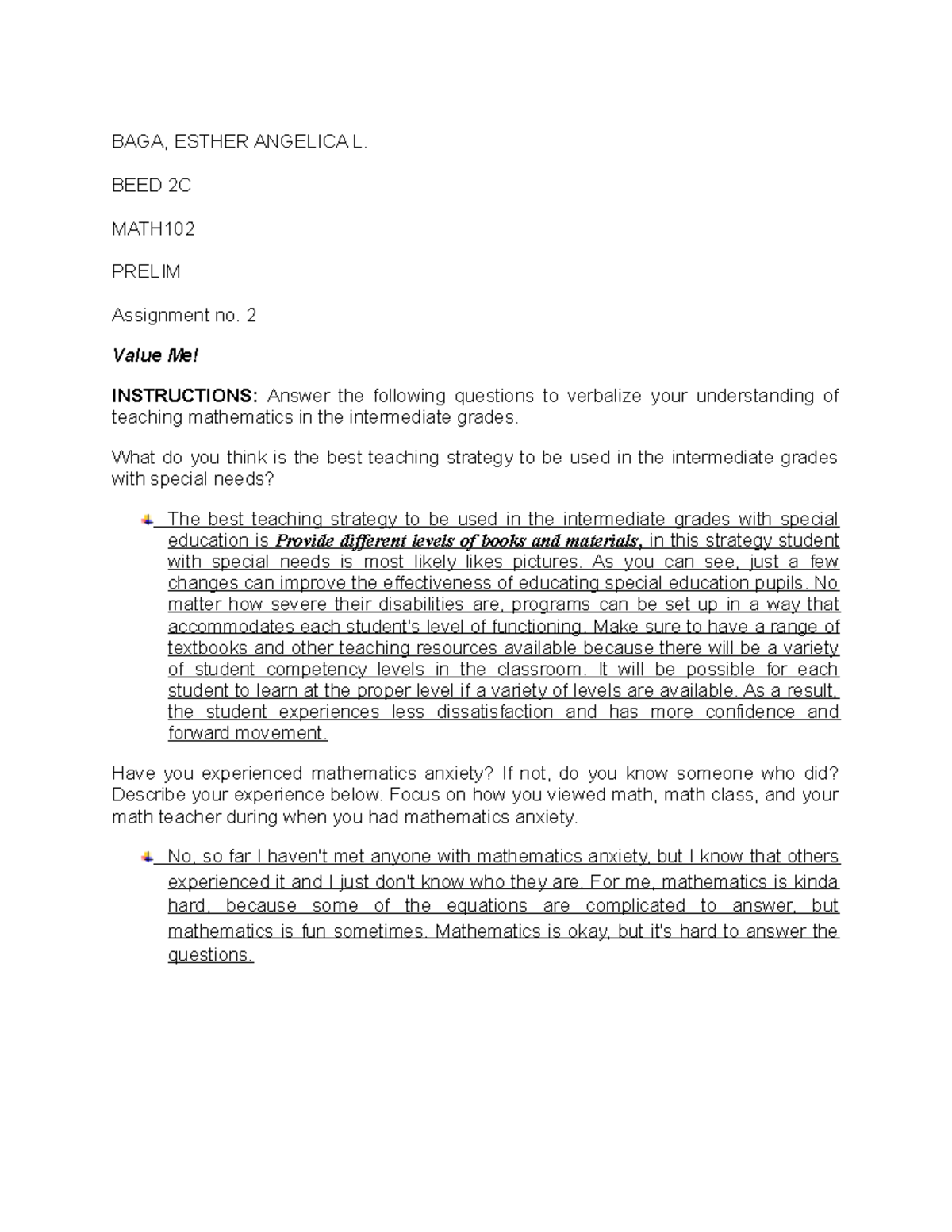 BAGA Assignment 2 BEED 2C - BAGA, ESTHER ANGELICA L. BEED 2C MATH ...