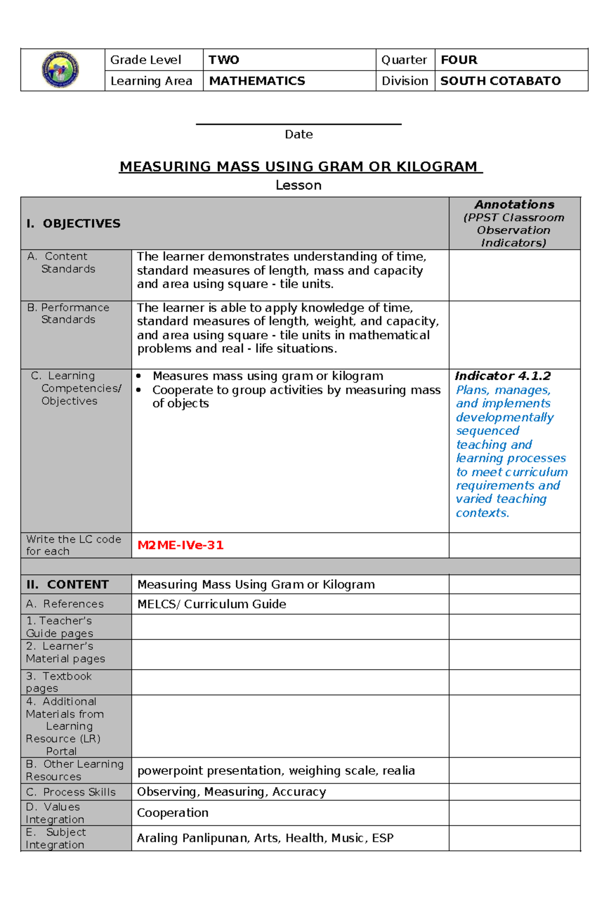 LP MATH 2023-2024 - lesson plan in math 2 - Grade Level TWO Quarter ...
