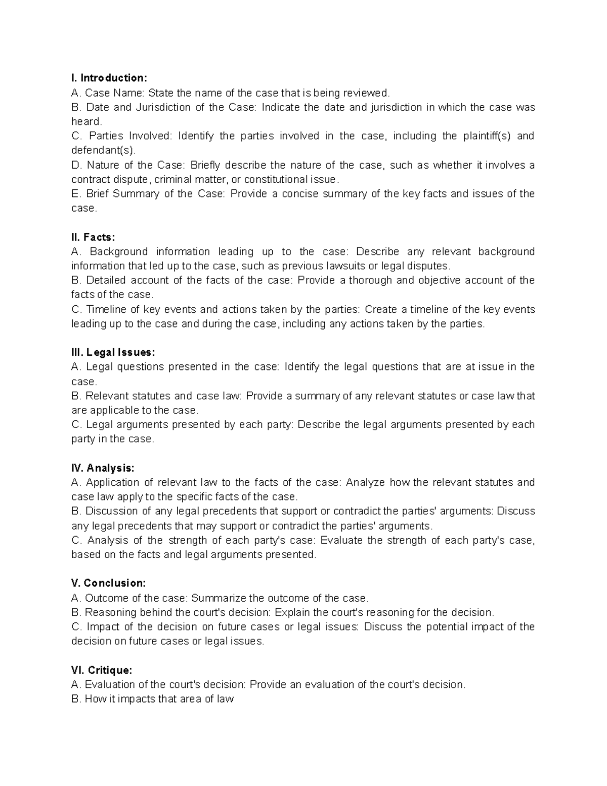 CASE Review Outline - I. Introduction: A. Case Name: State the name of ...
