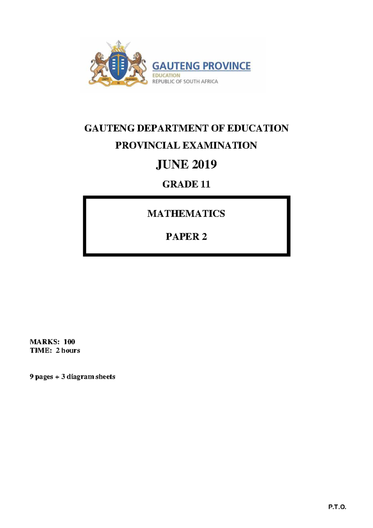 2019 Grade 11 MID YEAR EXAM JUNE MATH Paper 2 - GAUTENG DEPARTMENT OF EDUCATION PROVINCIAL - Studocu