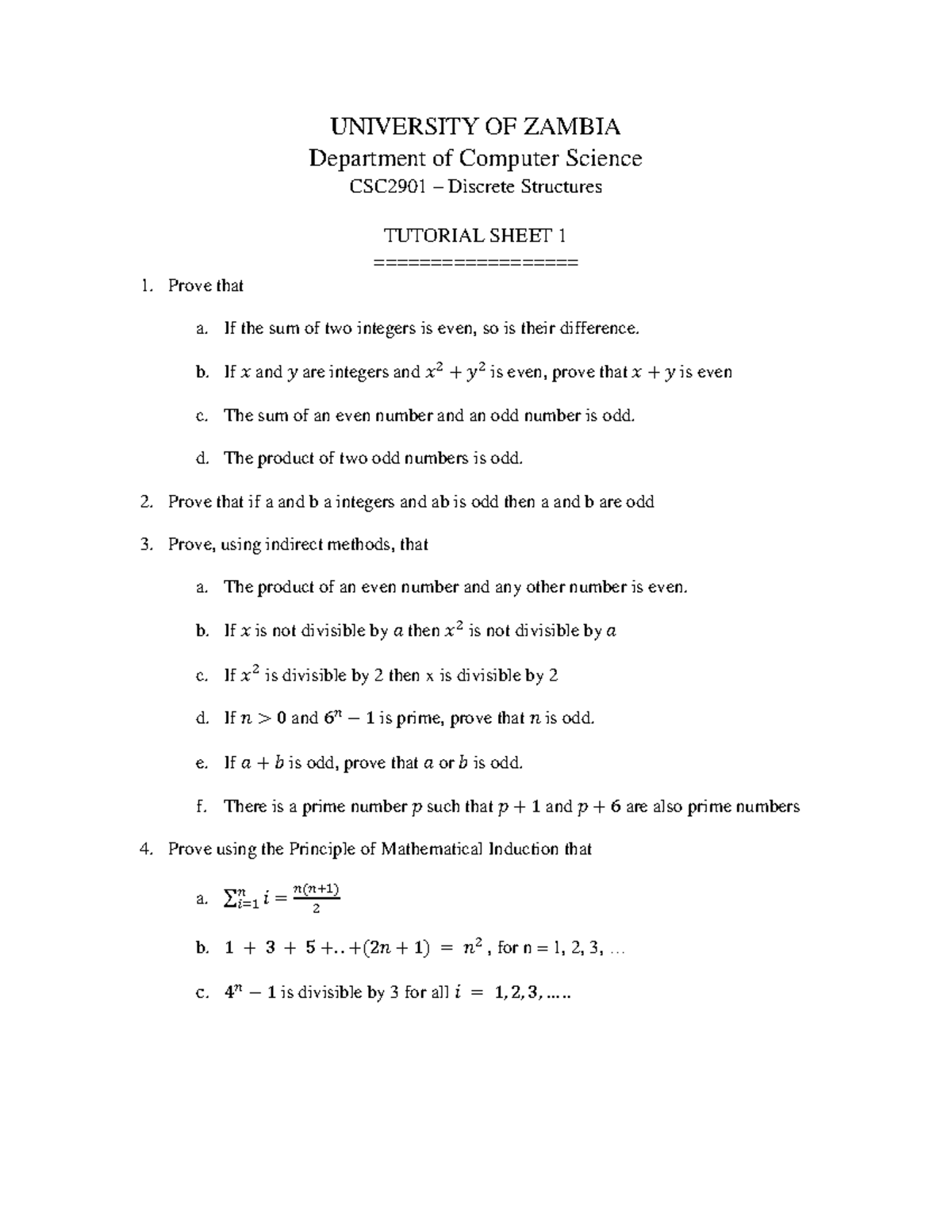 Csc2901 Tutorial Sheet 1 Proofs University Of Zambia Department Of Computer Science Csc2901