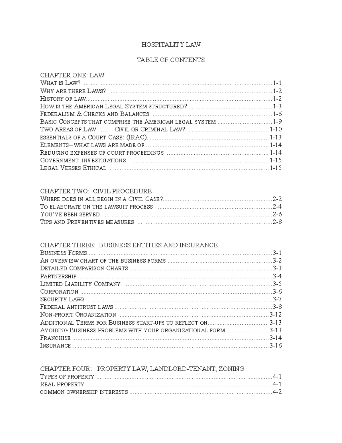 Chapter Table of Content - HOSPITALITY LAW TABLE OF CONTENTS AGENT ...