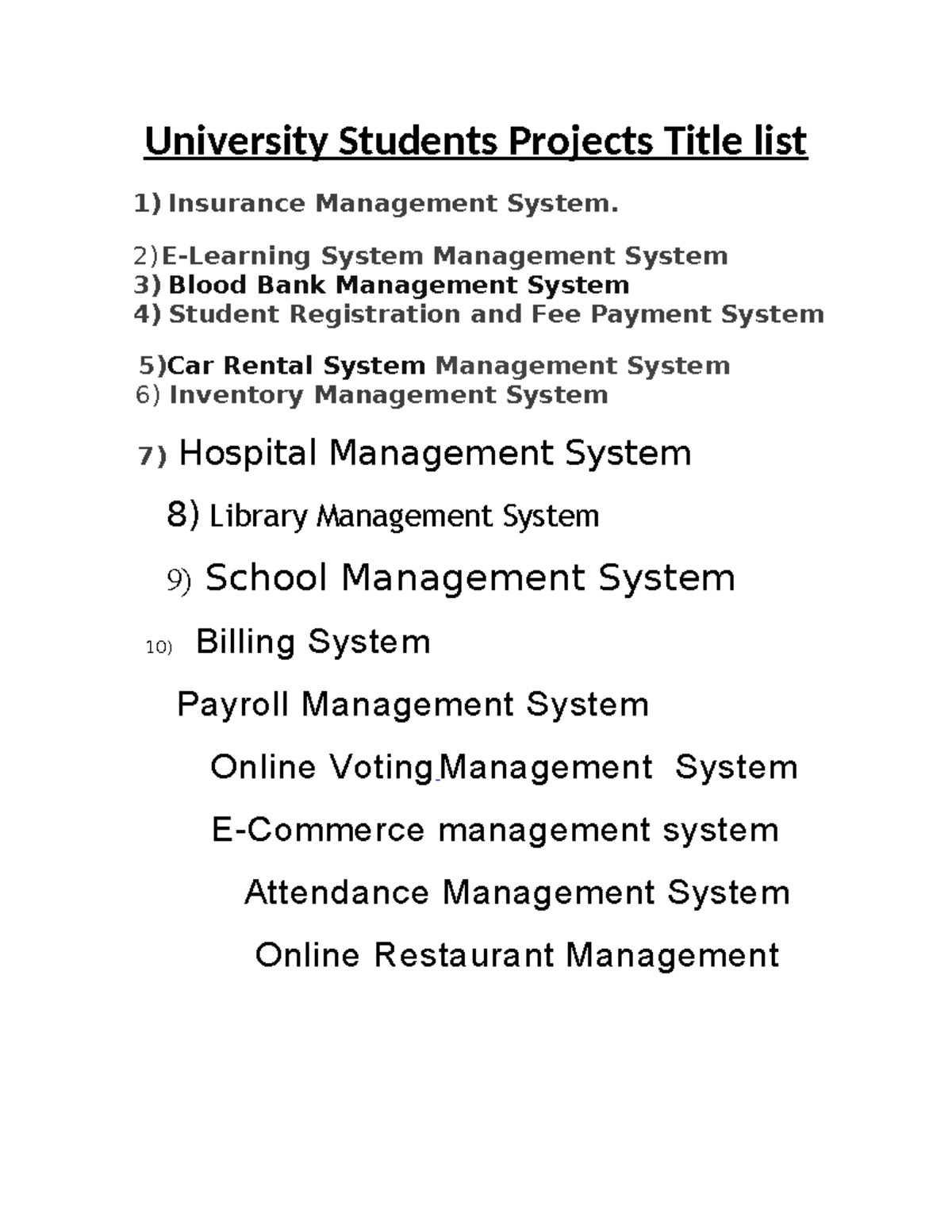 University Students Projects Title list - 2)E-Learning System ...