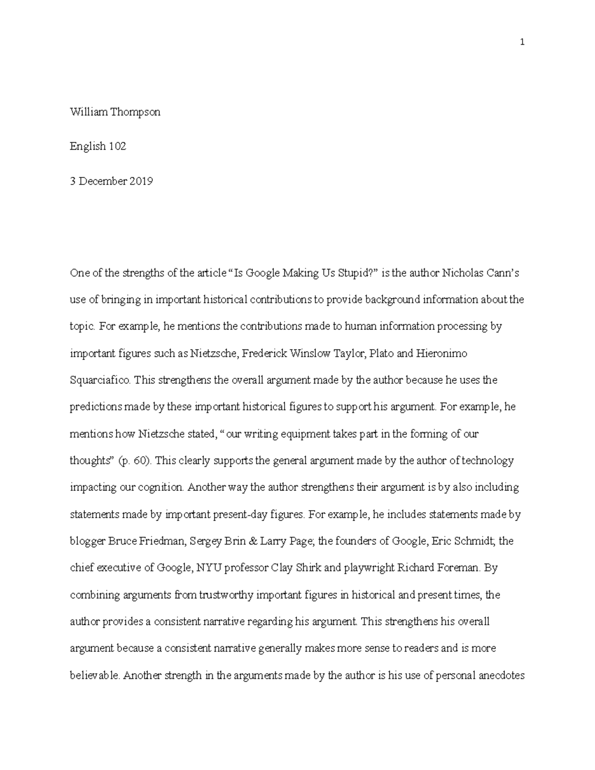Final analysis engl - William Thompson English 102 3 December 2019 One ...