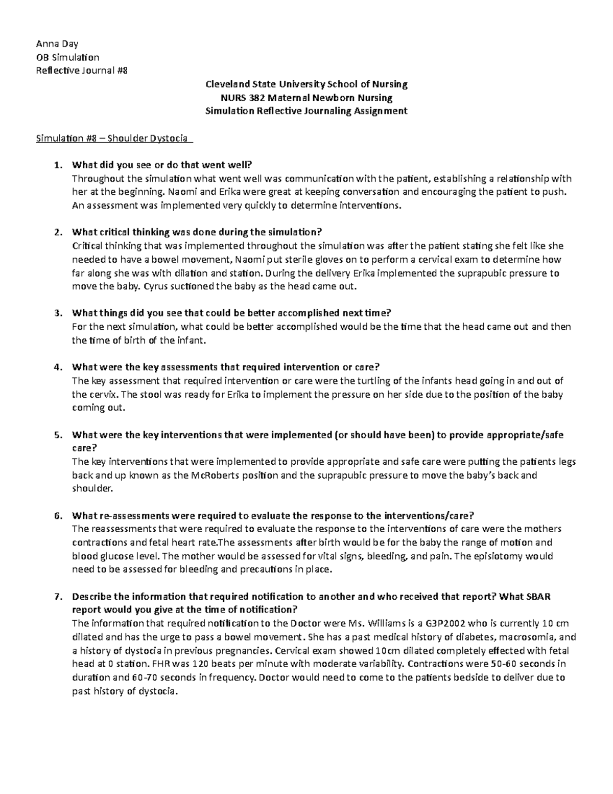 OB Post Sim Reflective Journal #8 - Anna Day OB Simulation Reflective Journal # Cleveland State ...