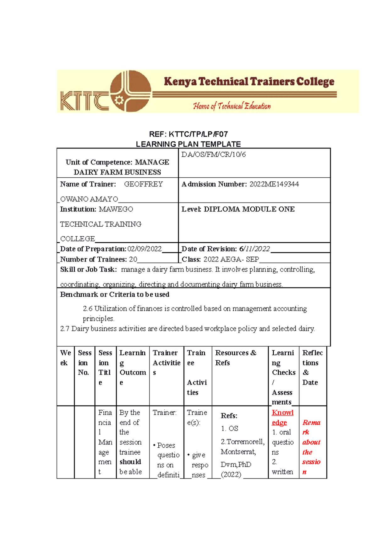 BETT Presentation Session AND Learning PLAN - REF: KTTC/TP/LP/F ...