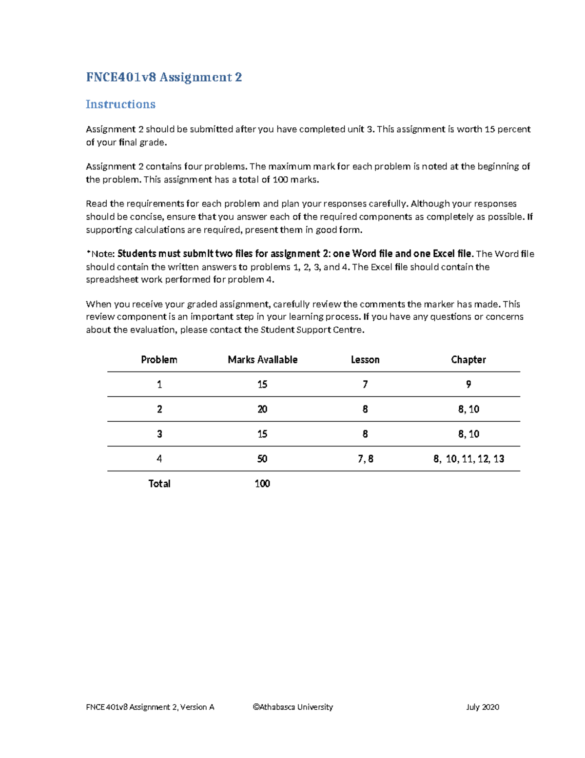 FNCE401v8 Assignment 2 A - FNCE401v8 Assignment 2 Instructions Assignment 2 should be submitted ...