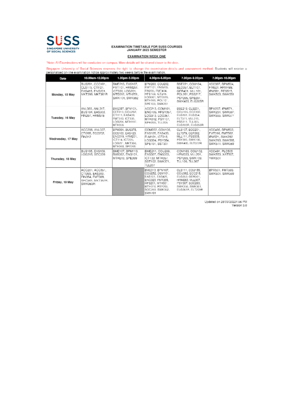 SUSS JAN 2023 EXAM Timetable - PSS101 - Studocu