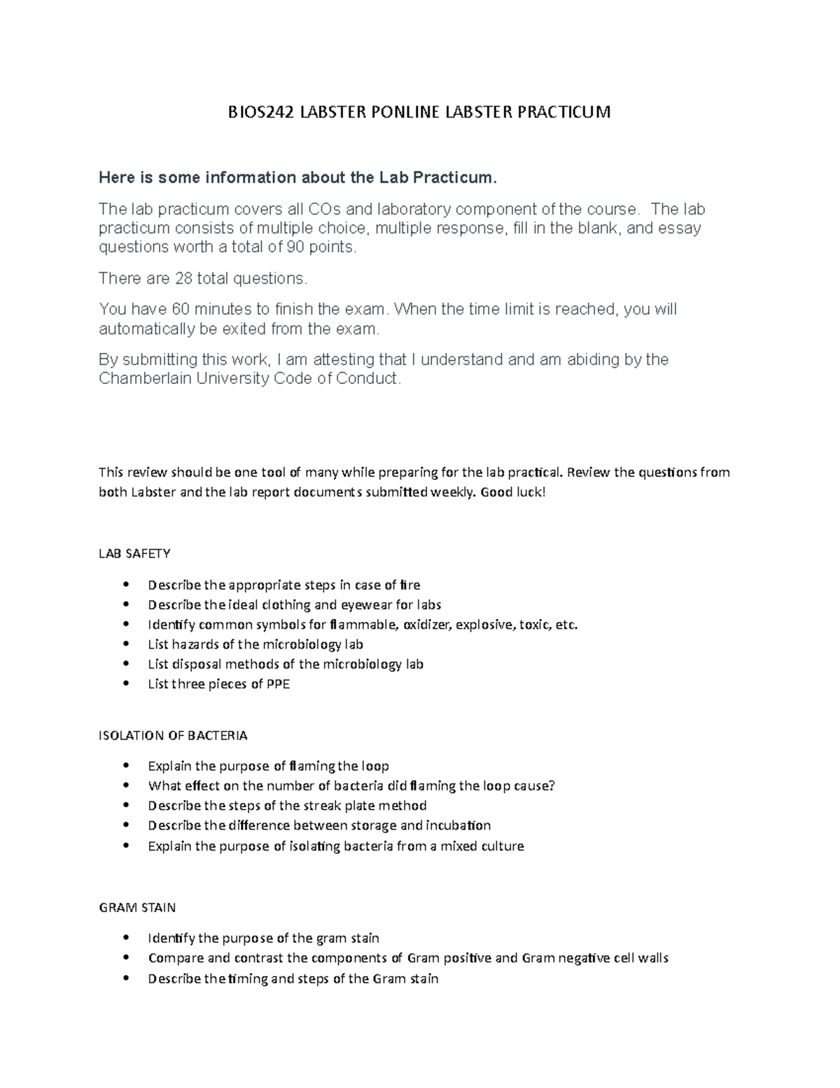 BIOS242 Lab Practical Review Fall 2021 - BIOS242 LABSTER PONLINE ...