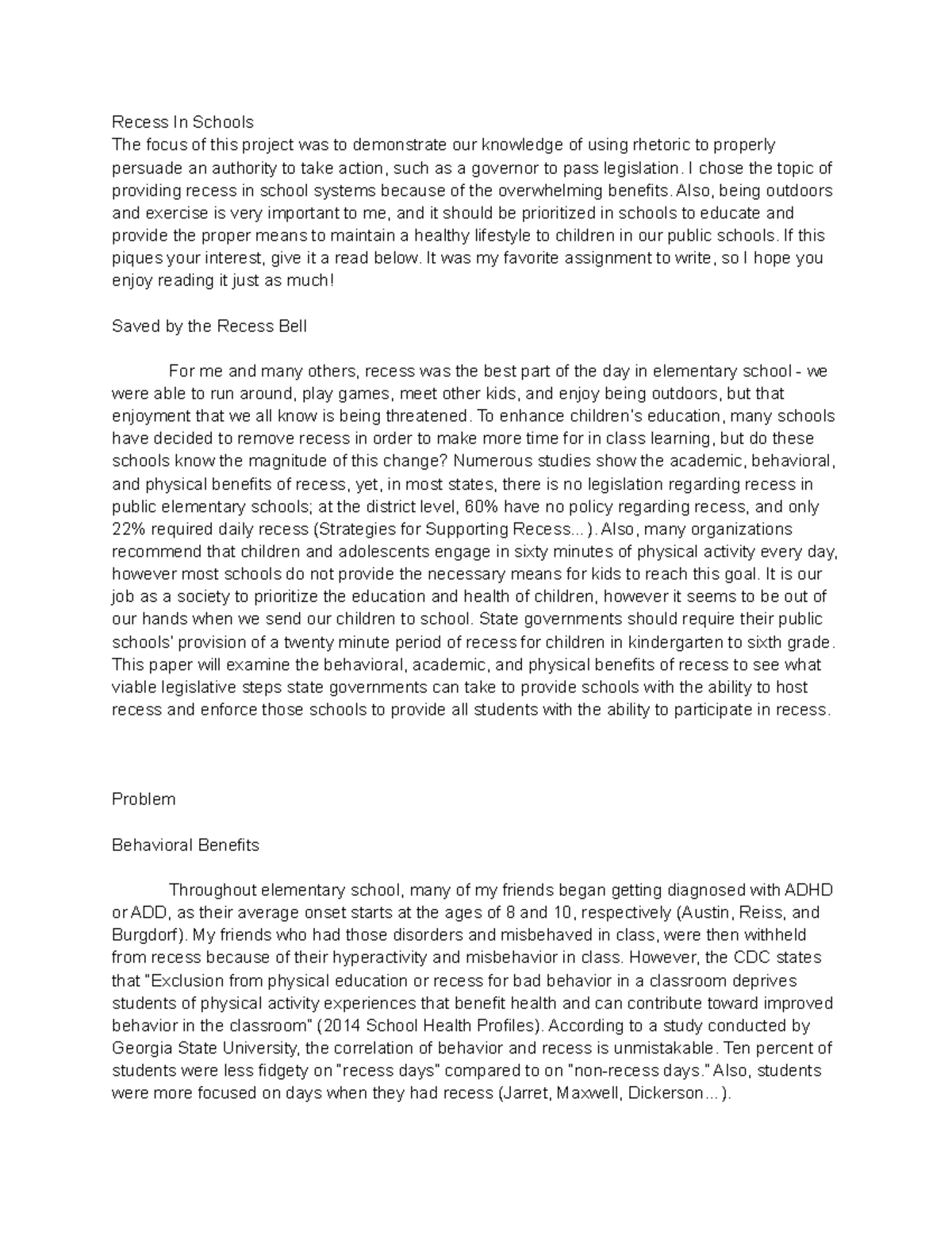 Recess In Schools - Recess In Schools The focus of this project was to ...