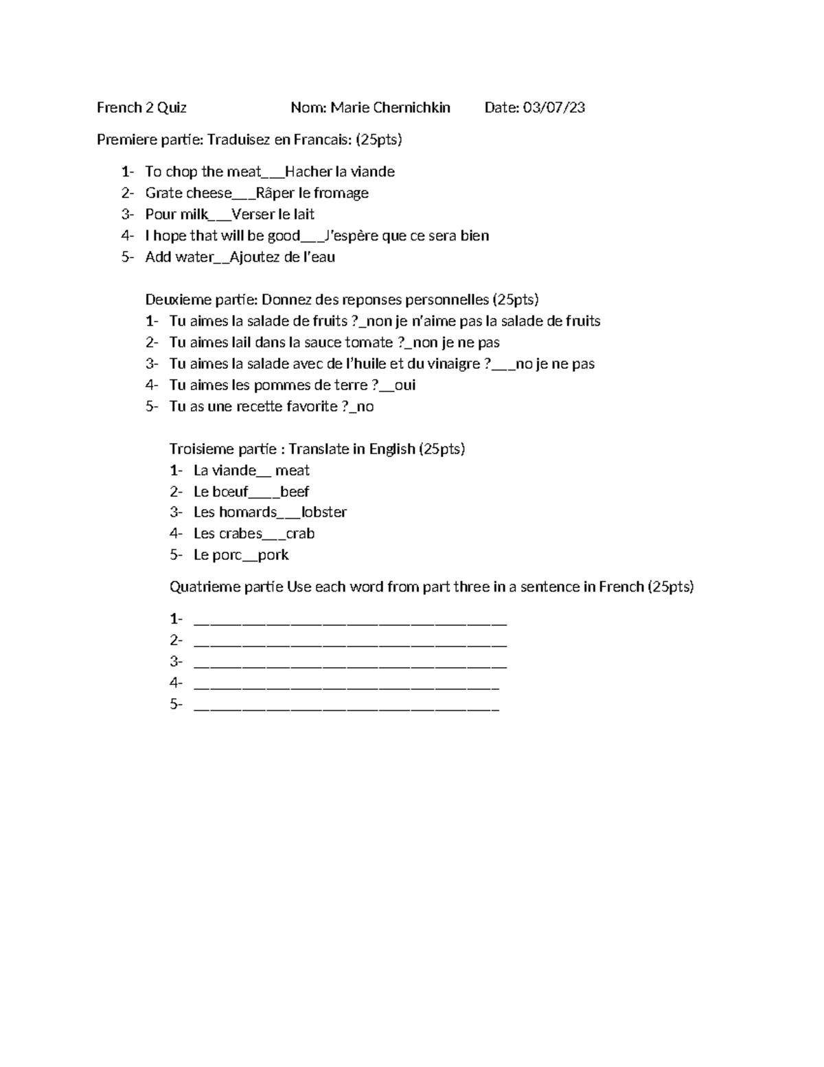 Copy of French 2 Quiz # 1-3rd mp - French 2 Quiz Nom: Marie Chernichkin ...