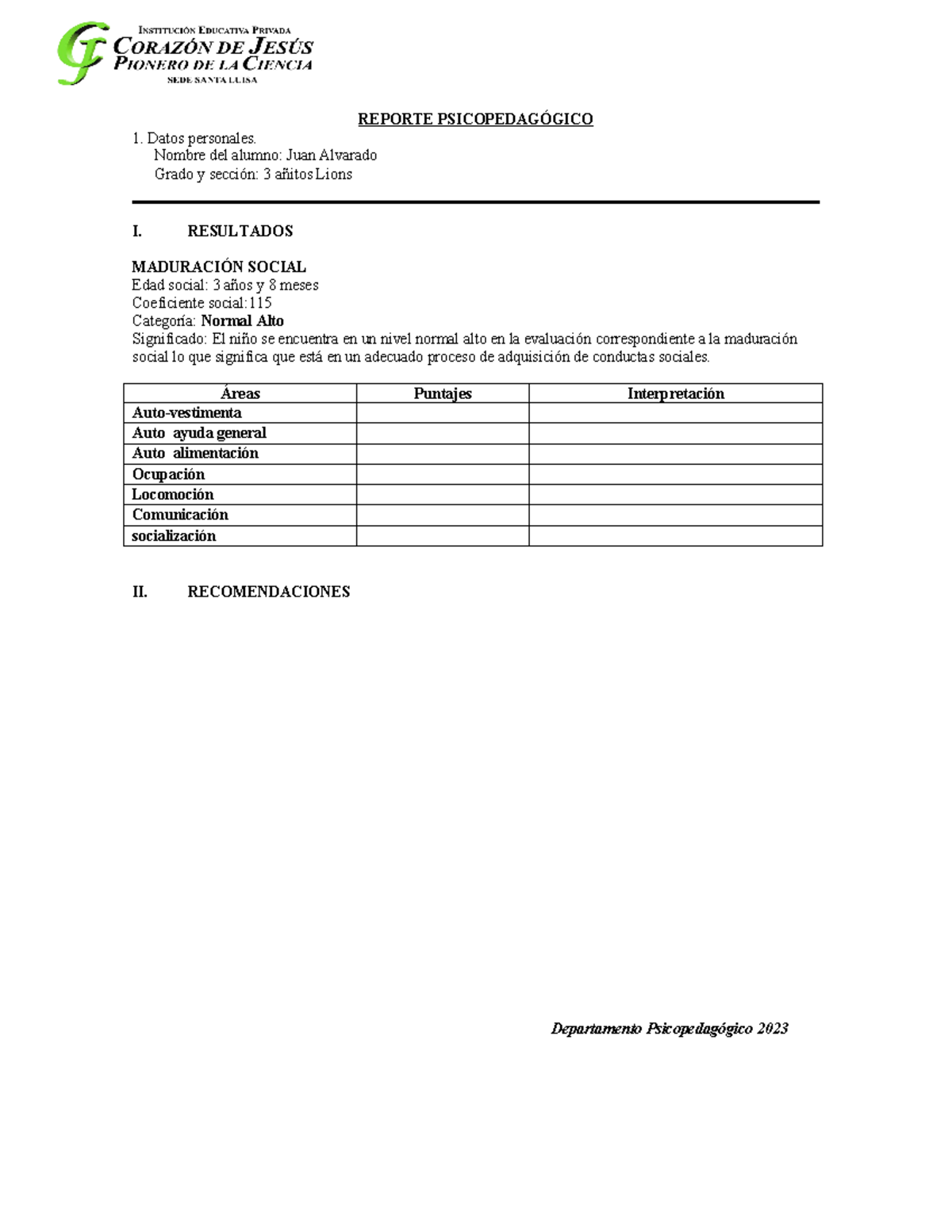 Modelo reporte 3 añitos - REPORTE PSICOPEDAGÓGICO Datos personales ...