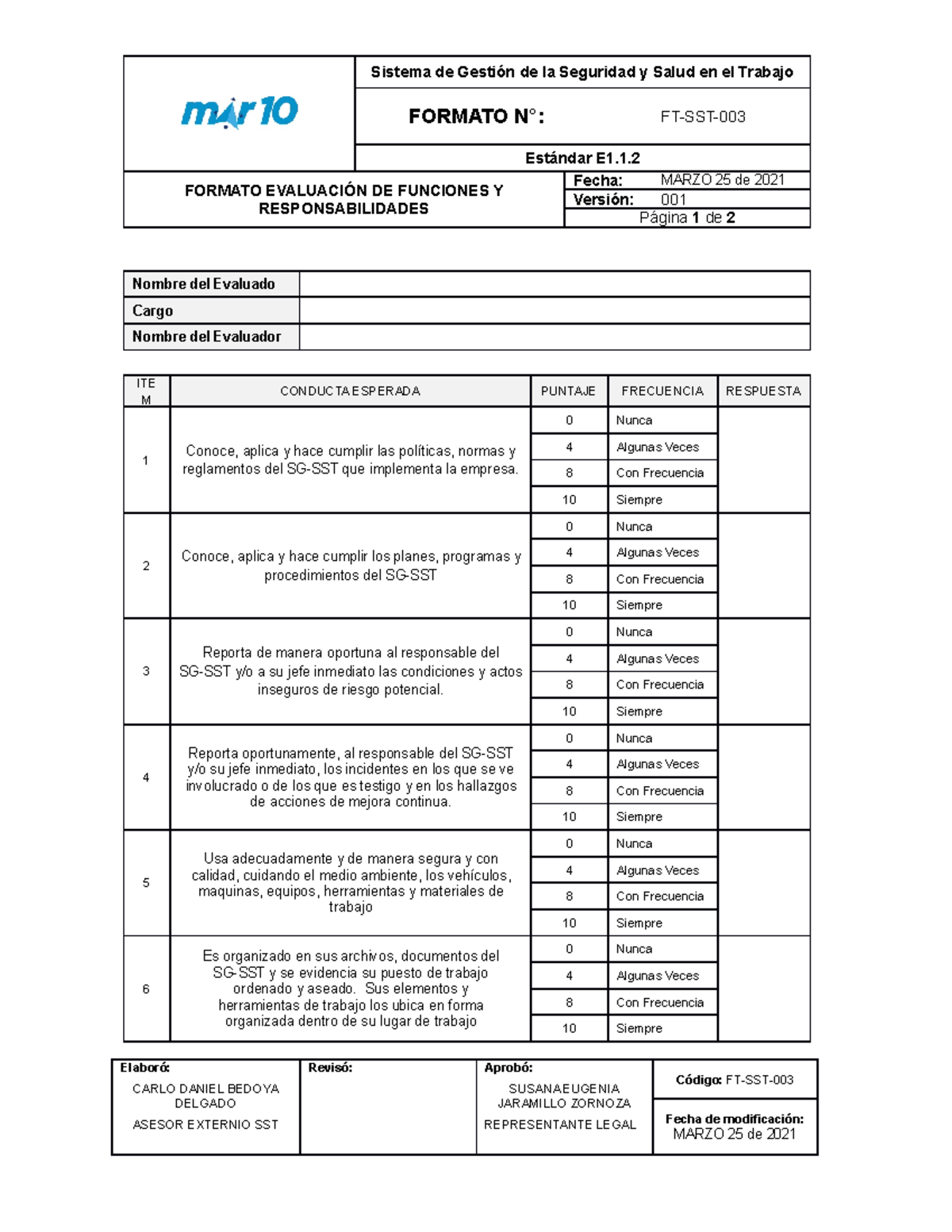 FT-SST-003 Formato Evaluacion de Funciones y Responsabilidades - Sistema de Gestión de la ...