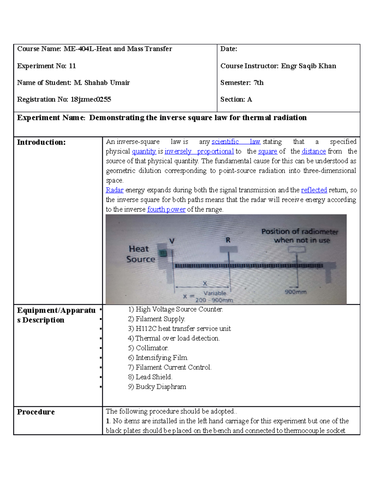 18jzmec 0255 hmt lab 11 - Course Name: ME-404L-Heat and Mass Transfer ...