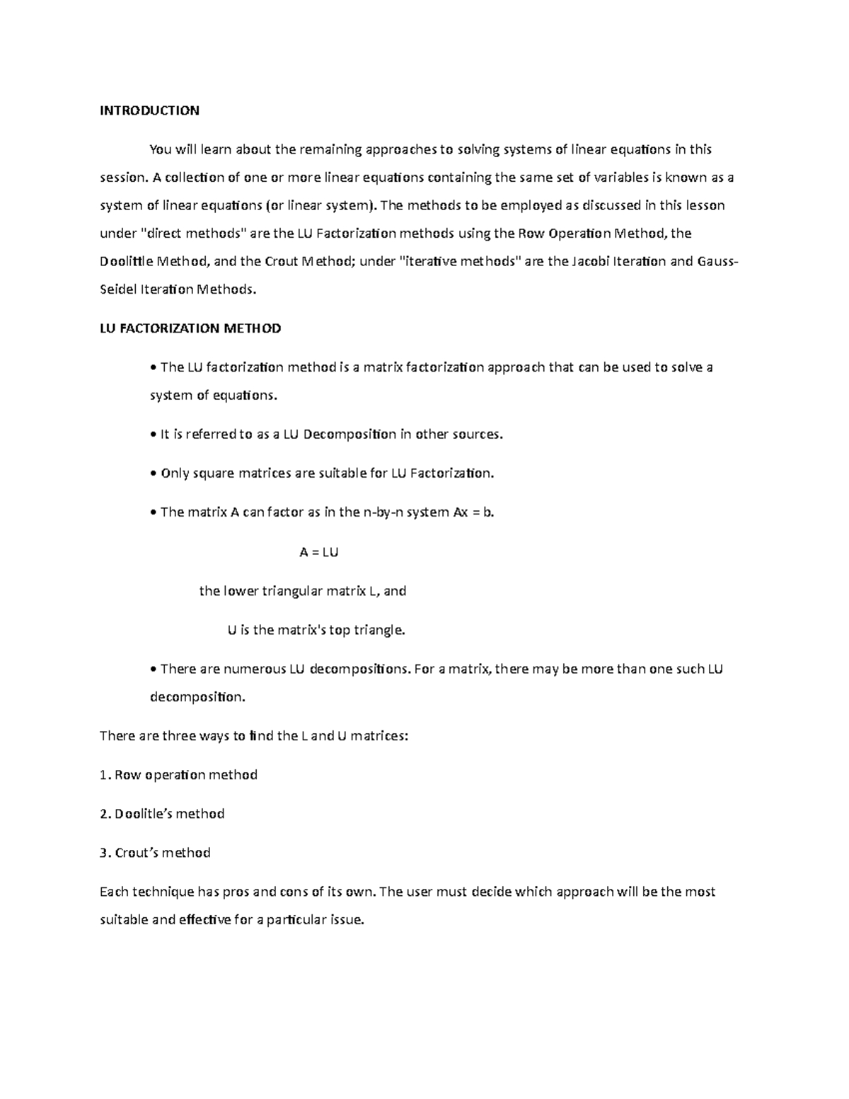 LU Factorization Method - INTRODUCTION You will learn about the remaining approaches to solving ...