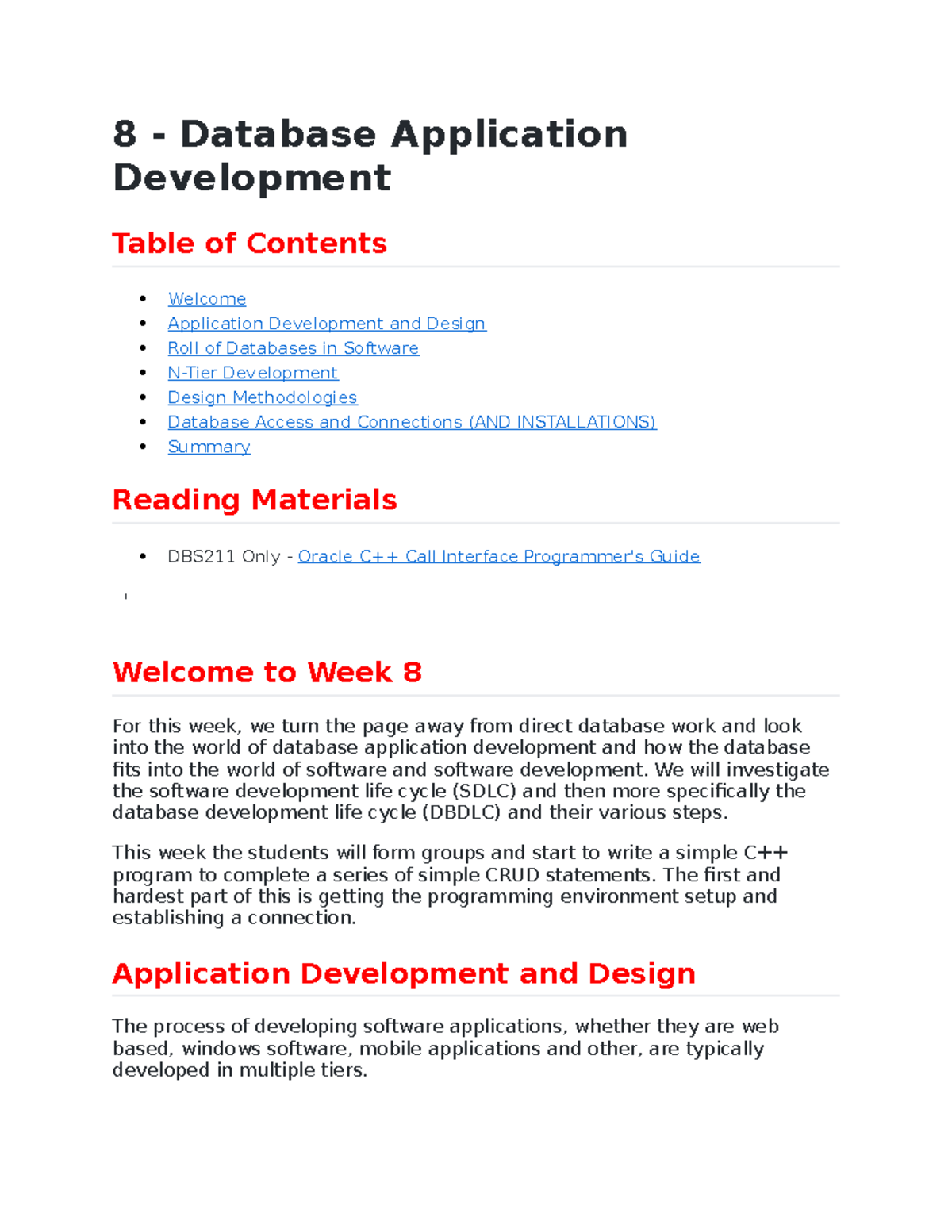 DBS 211 Week 8 Notes - 8 - Database Application Development Table of ...