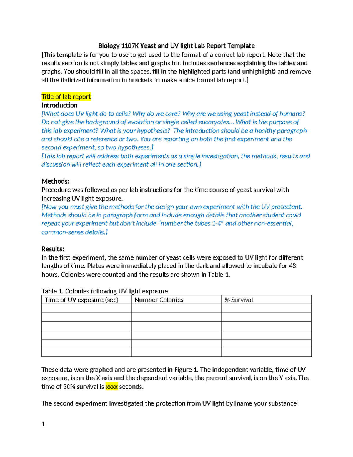 Yeast Lab Report Template - Biology 1107K Yeast and UV light Lab Report ...