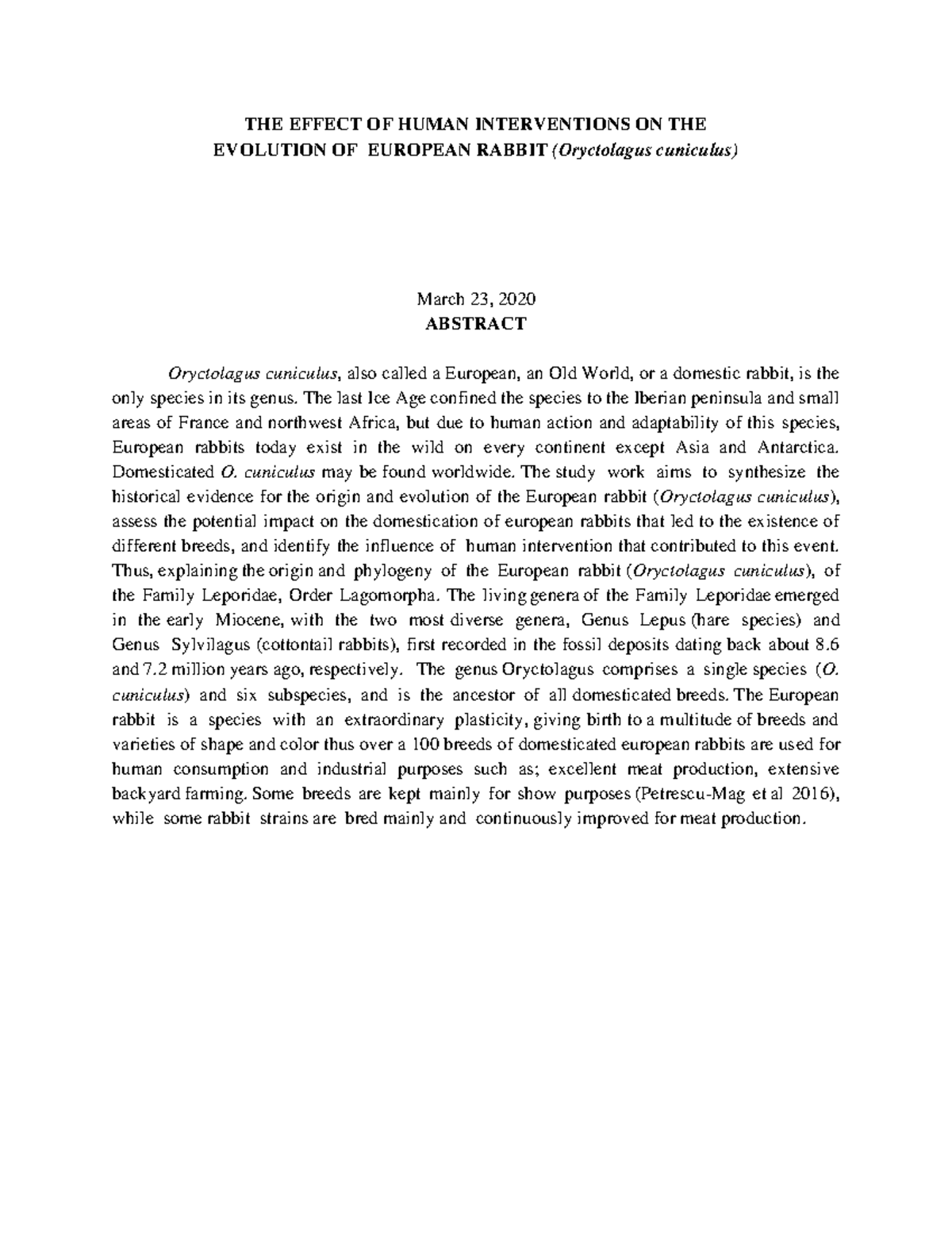 European Rabbit Laboratory Activity - THE EFFECT OF HUMAN INTERVENTIONS ...