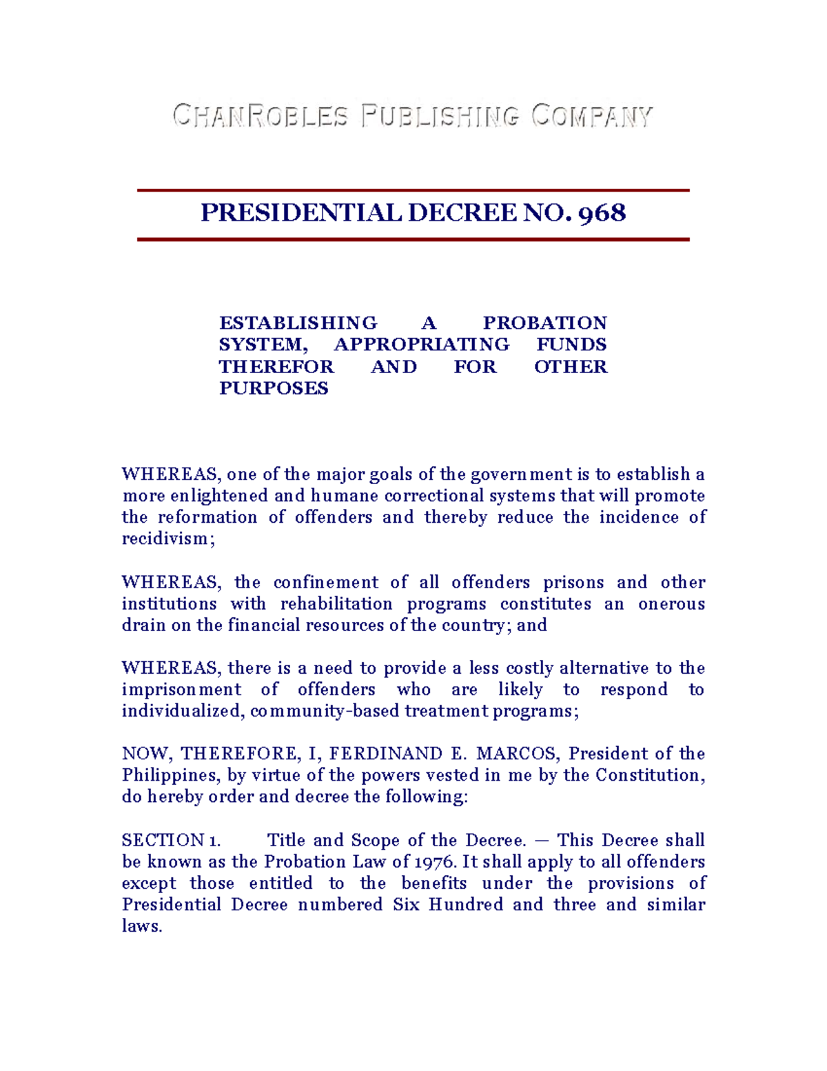 Presidential Decree No. 968 - PRESIDENTIAL DECREE NO. 968 ESTABLISHING ...