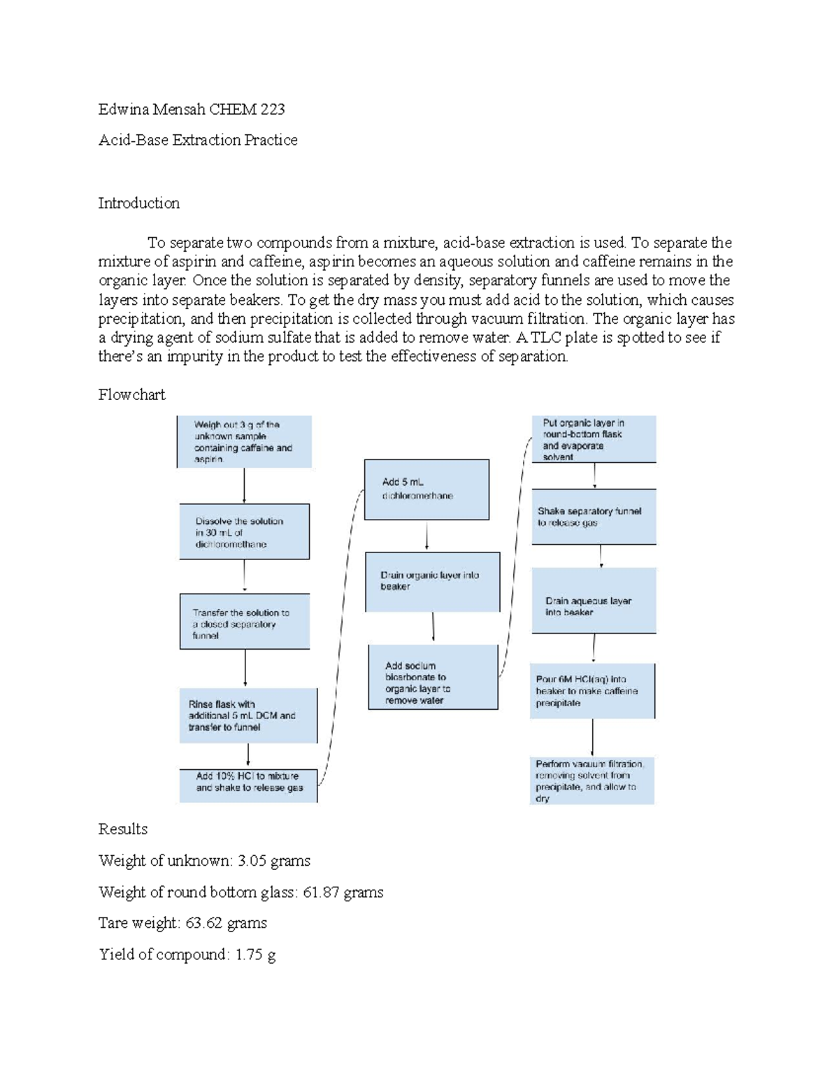 Acid-Base Extraction Practice - Edwina Mensah CHEM 223 Acid-Base ...