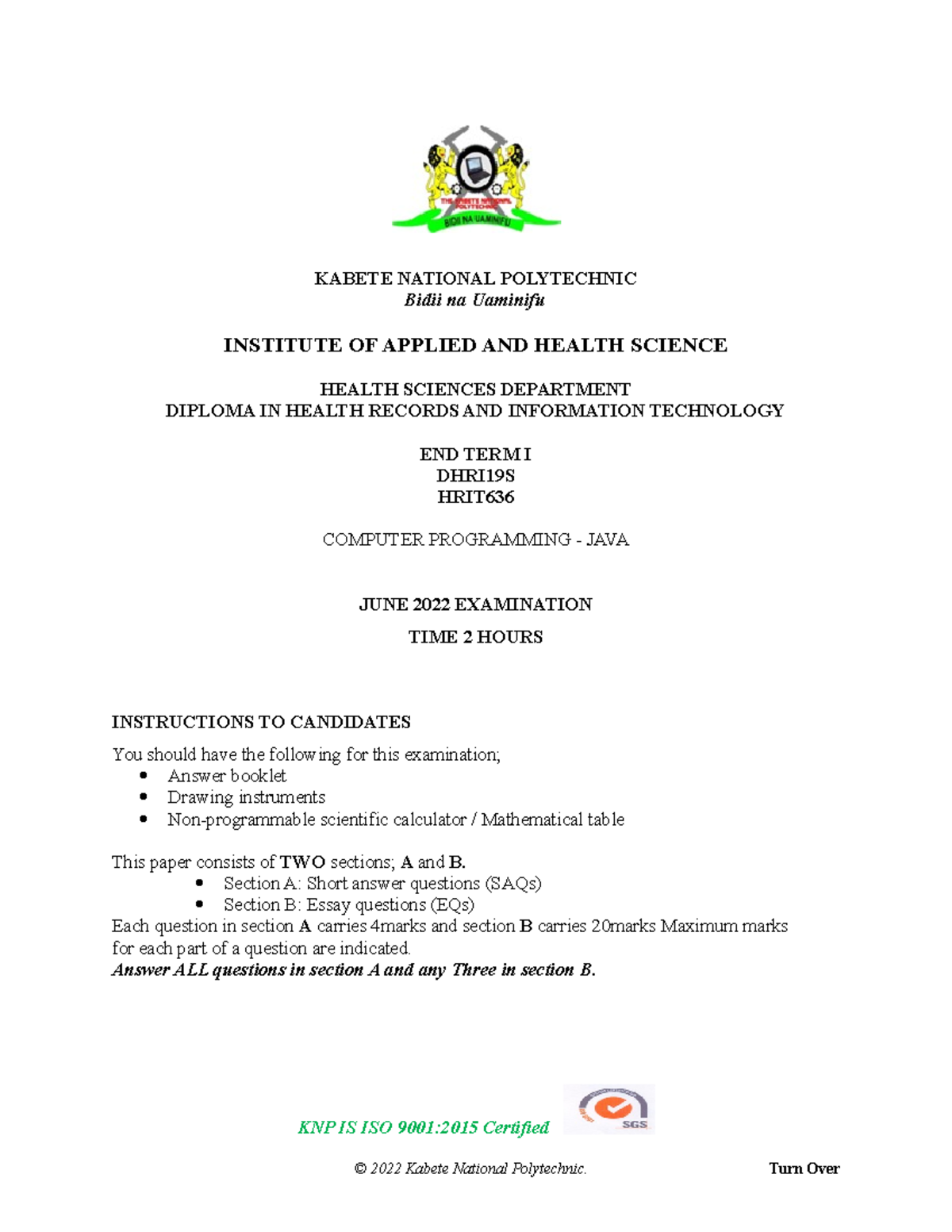 JAVA 19S - KABETE NATIONAL POLYTECHNIC Bidii na Uaminifu INSTITUTE OF ...