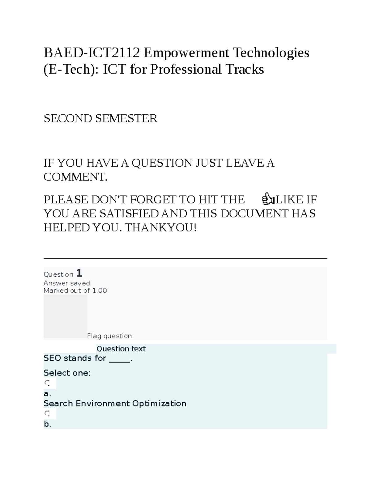 ICT 2112 Second SEM EXAM - BAED-ICT2112 Empowerment Technologies (E ...