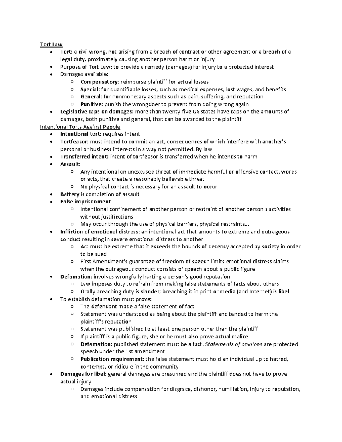 Chapter 6 - Tort Law - Tort: a civil wrong, not arising from a breach ...