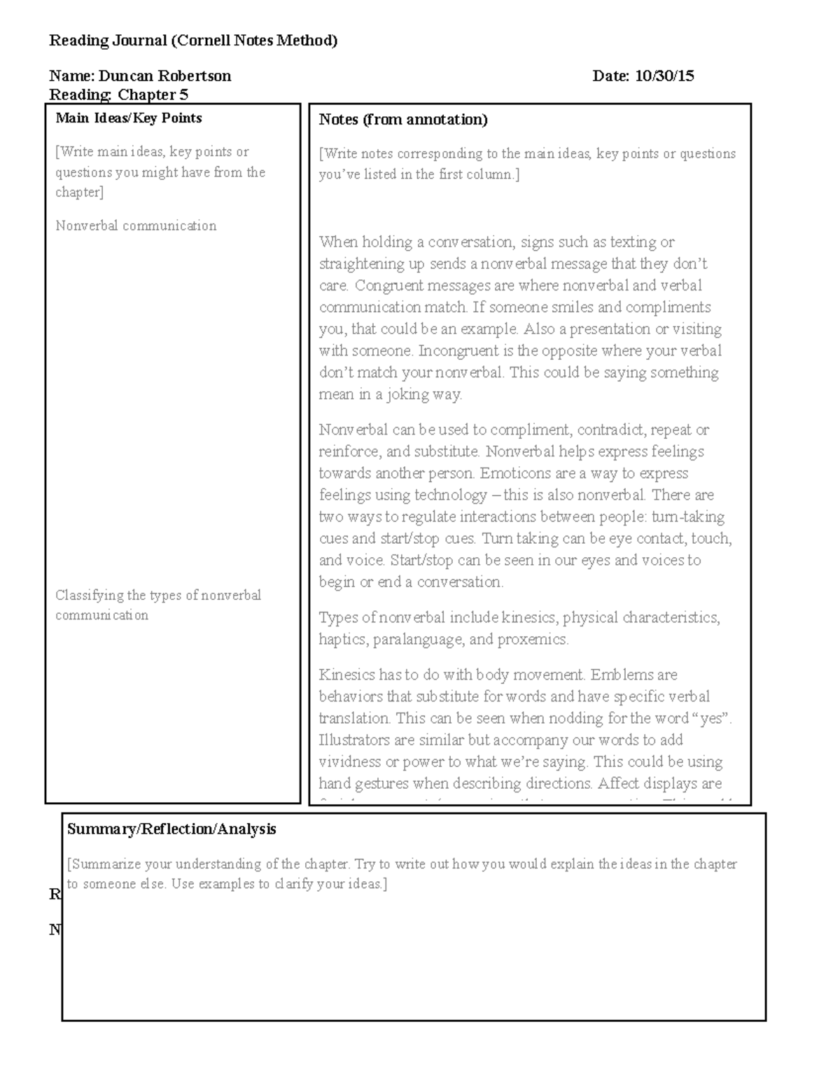 COMM 101 Notes Ch 5-7 - Reading Journal (Cornell Notes Method) Name ...