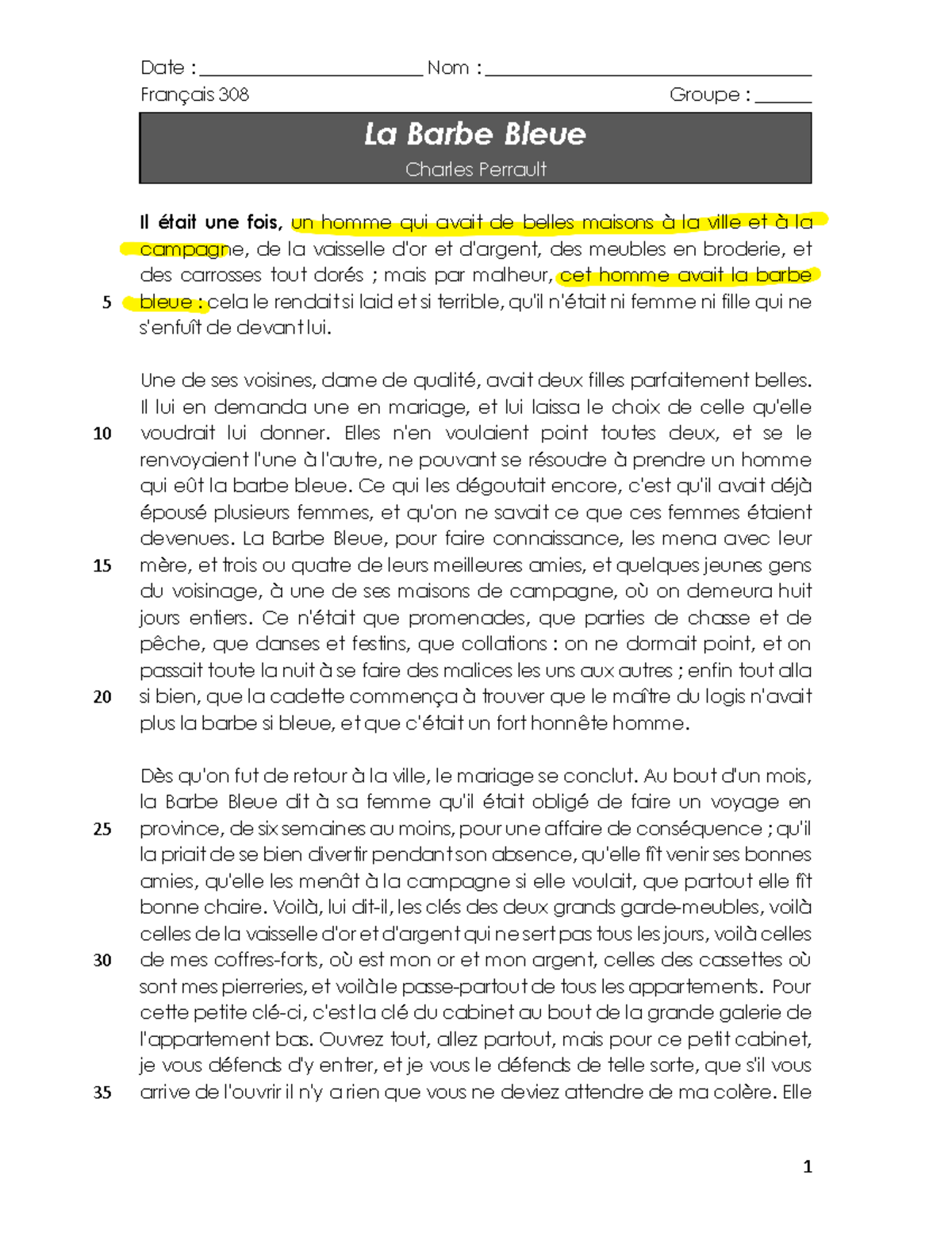 La Barbe Bleue texte - Lecture - Français 308 Groupe : ______ La Barbe ...