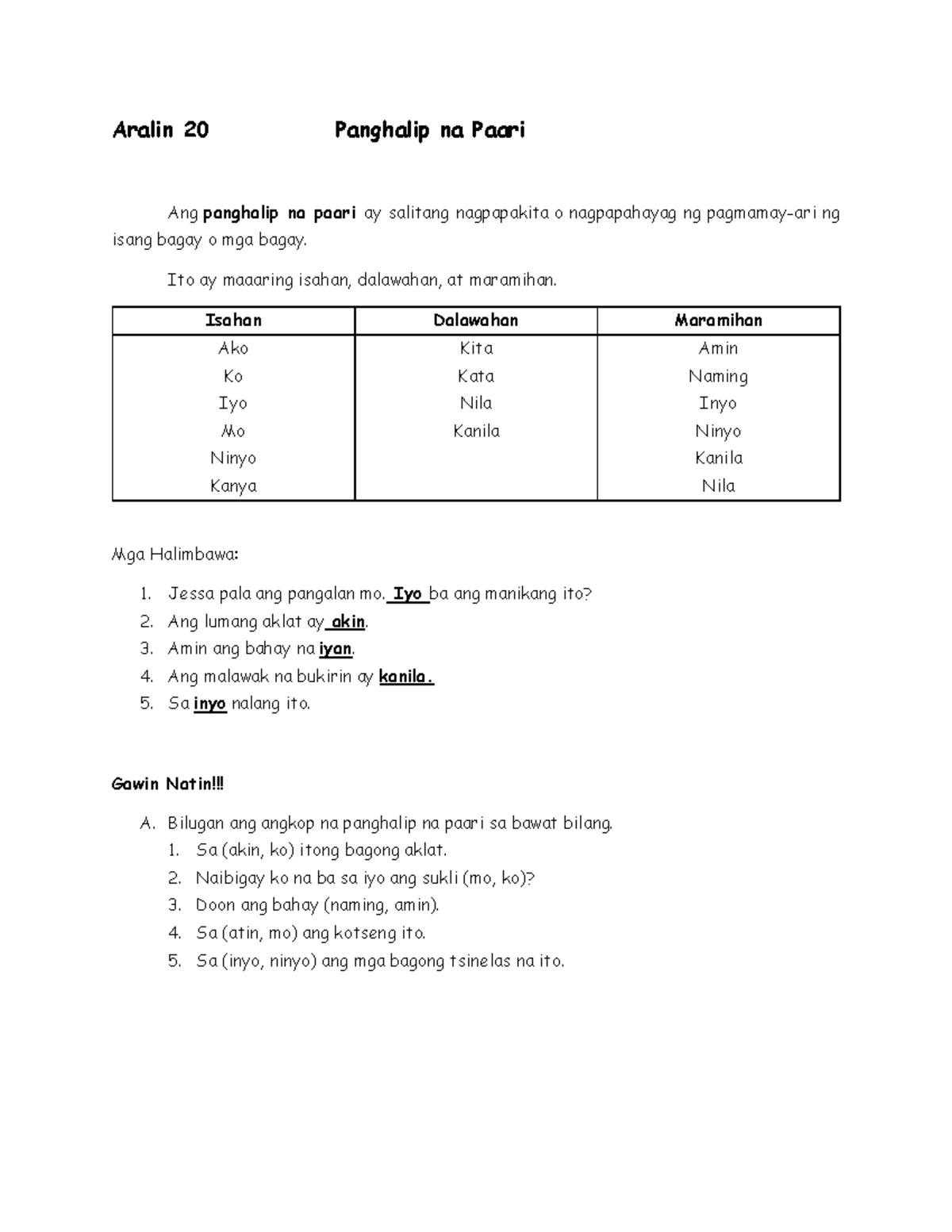 Filipino 4 WEEK 2 - Aralin 20 Panghalip na Paari Ang panghalip na paari ...