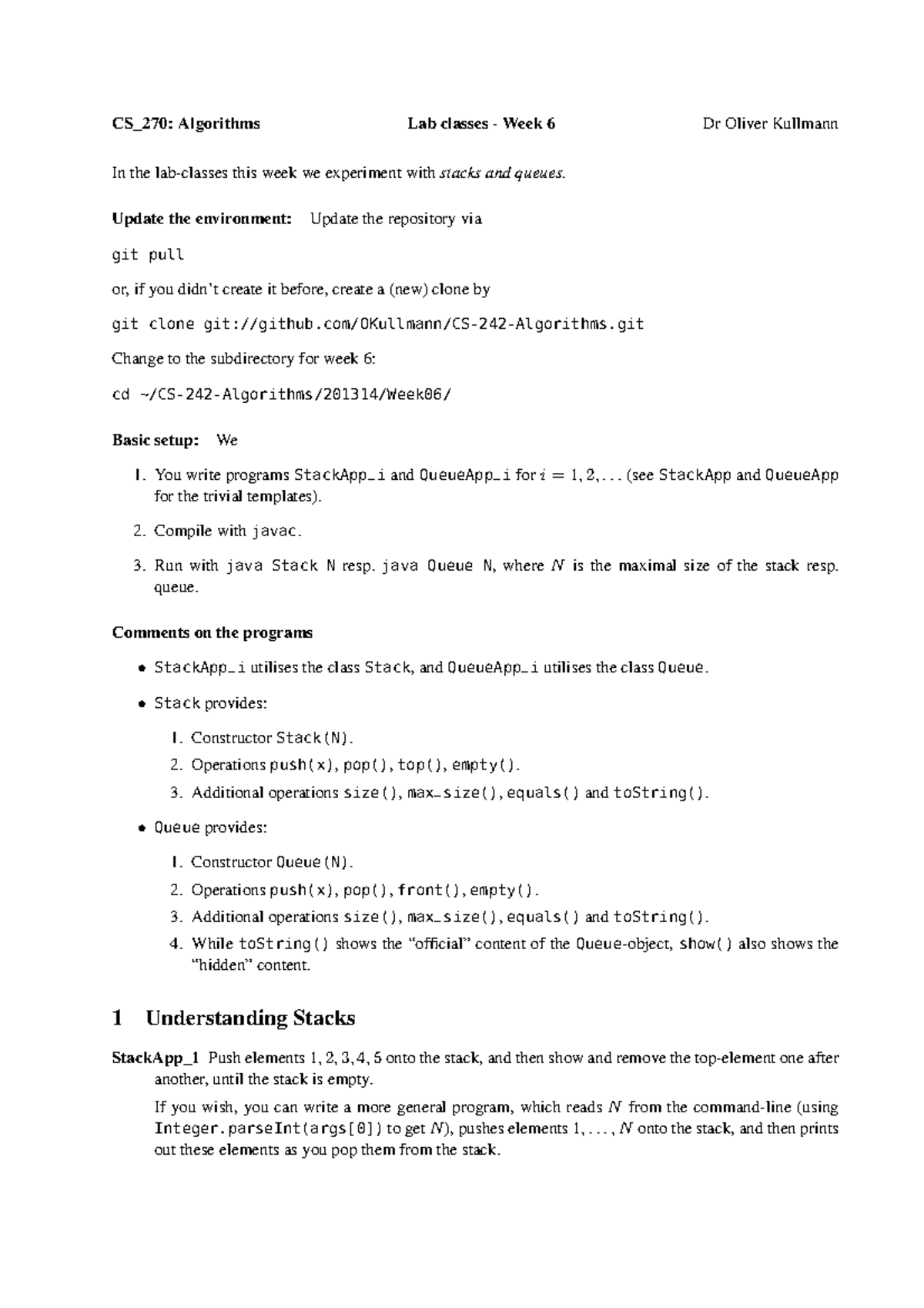 Lab6 - Week 6 - CS_270: Algorithms Lab classes - Week 6 Dr Oliver Kullmann In the lab-classes ...