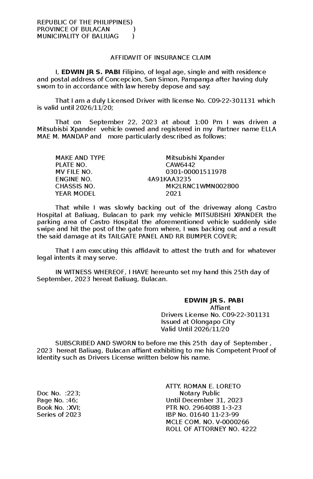 Affidavit insurance claim - Edwin PIBI - REPUBLIC OF THE PHILIPPINES ...