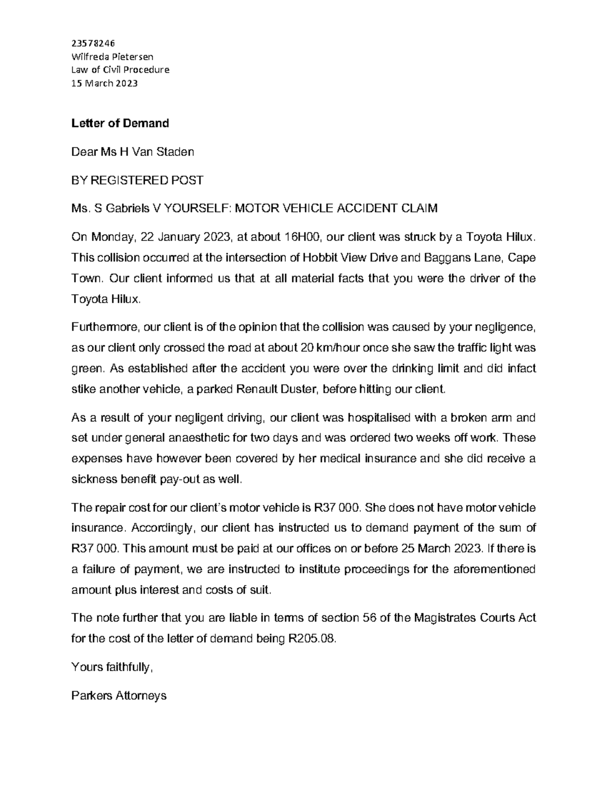 Civils Tut 2 - Civil Procedure Letter of demand Example - Wilfreda ...