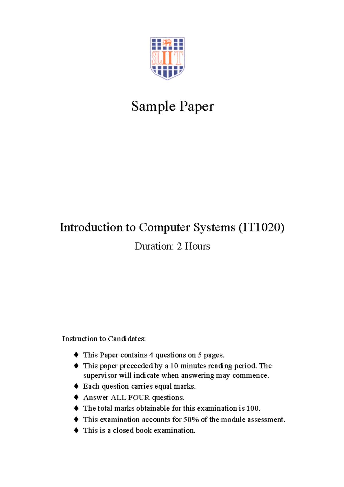 IT1020 - Sample Paper - nice - Sample Paper Introduction to Computer ...