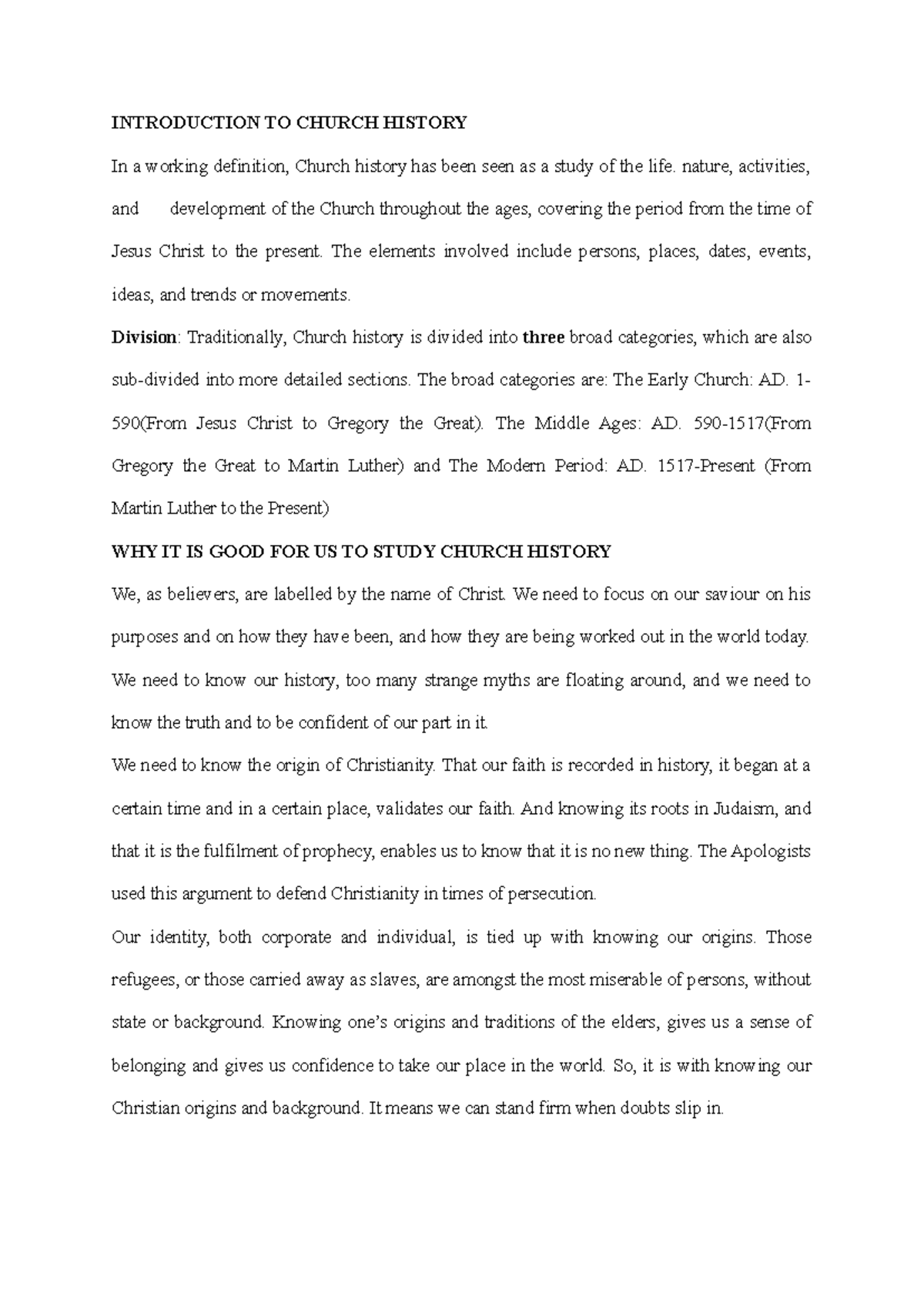 September 2024 Church History - INTRODUCTION TO CHURCH HISTORY In a ...