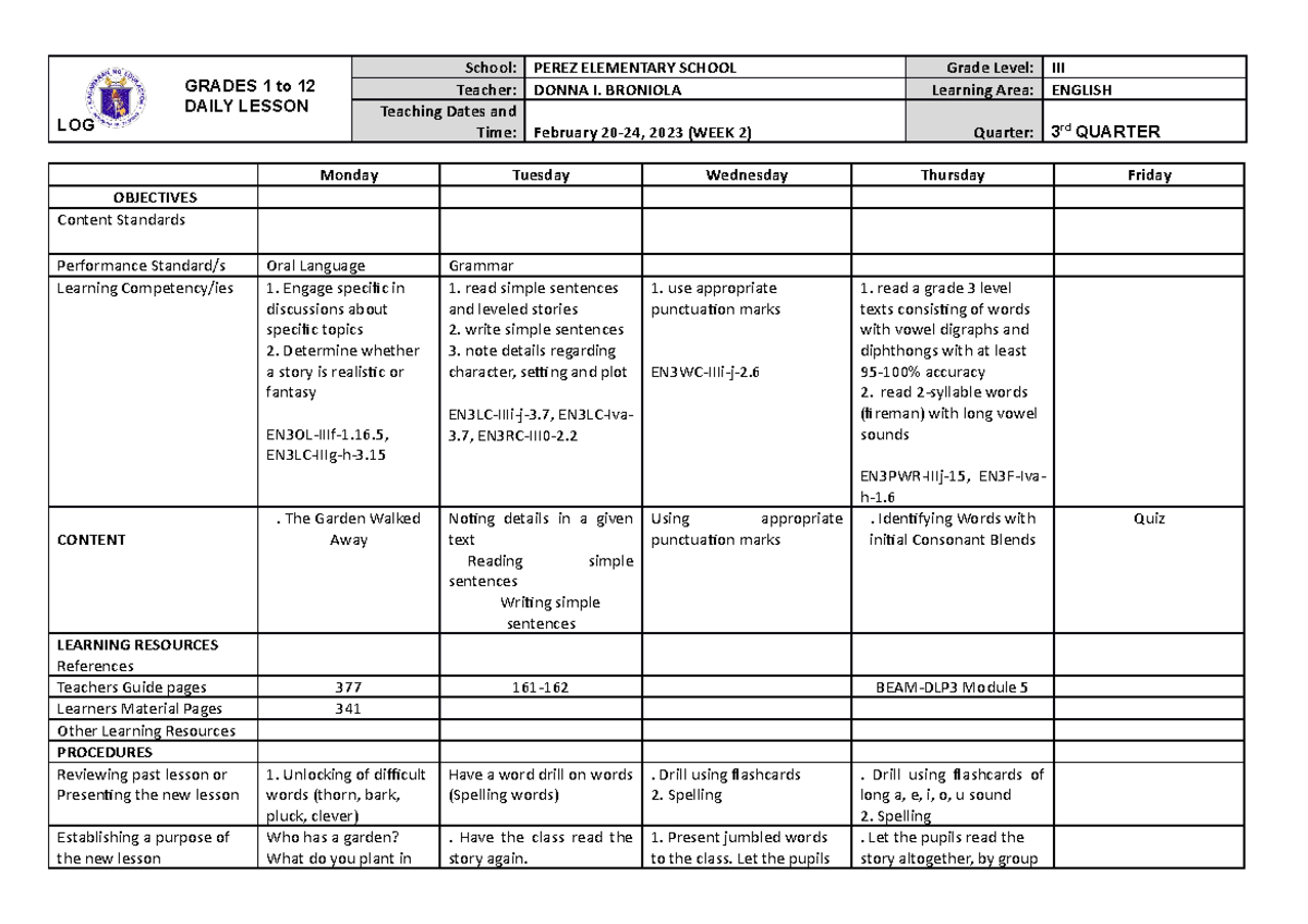 DLL English 3 Q3 WEEK2 - GRADES 1 to 12 DAILY LESSON LOG School: PEREZ ...