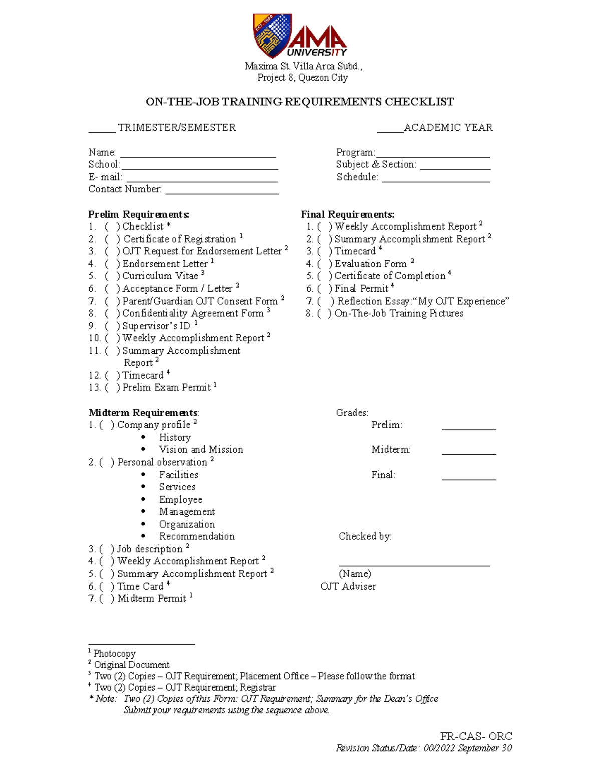 Copy of NEW OJT Requirement Checklist CCS 2023 - Maxima St. Villa Arca ...