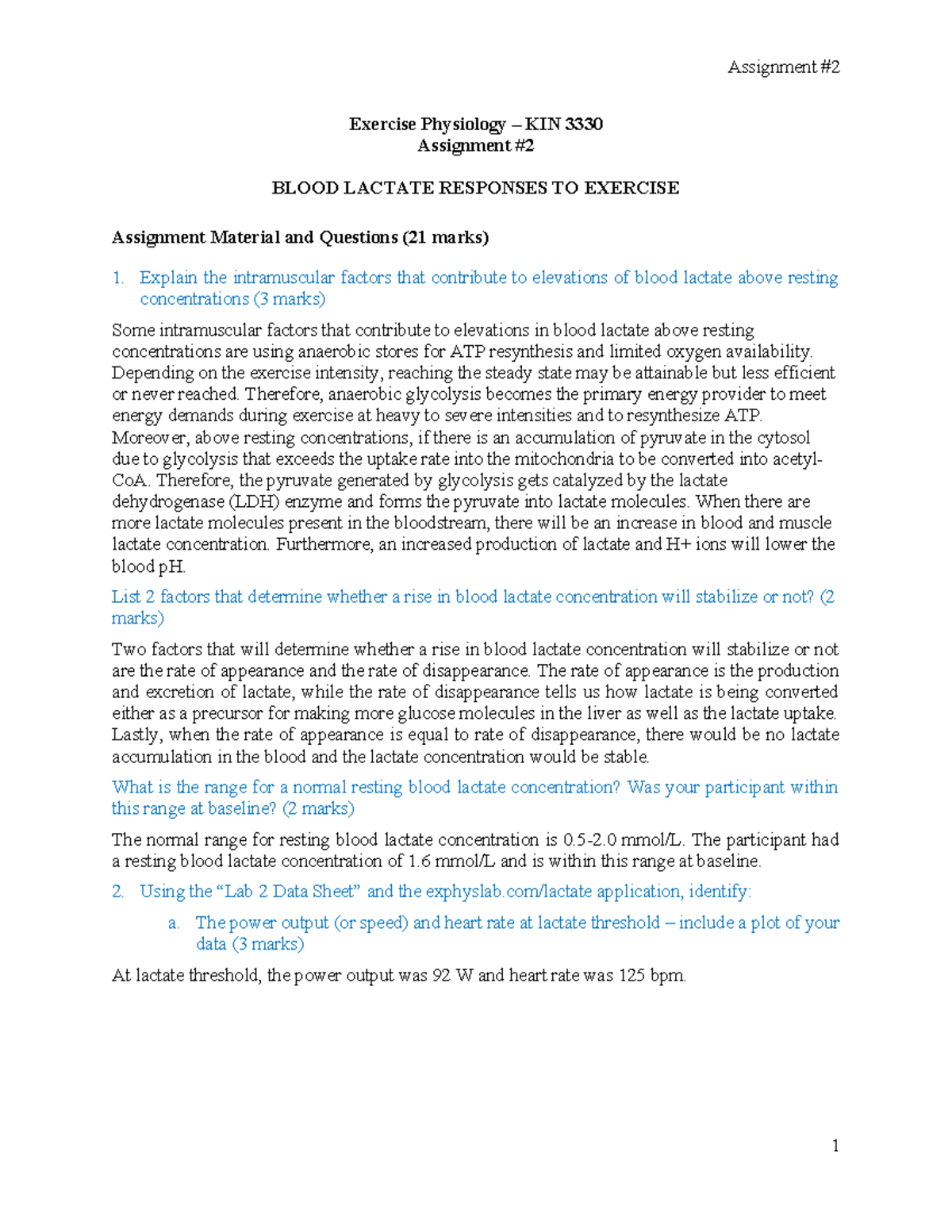 Laboratory Assignment 2 - Exercise Physiology – KIN 3330 Assignment # BLOOD LACTATE RESPONSES TO ...
