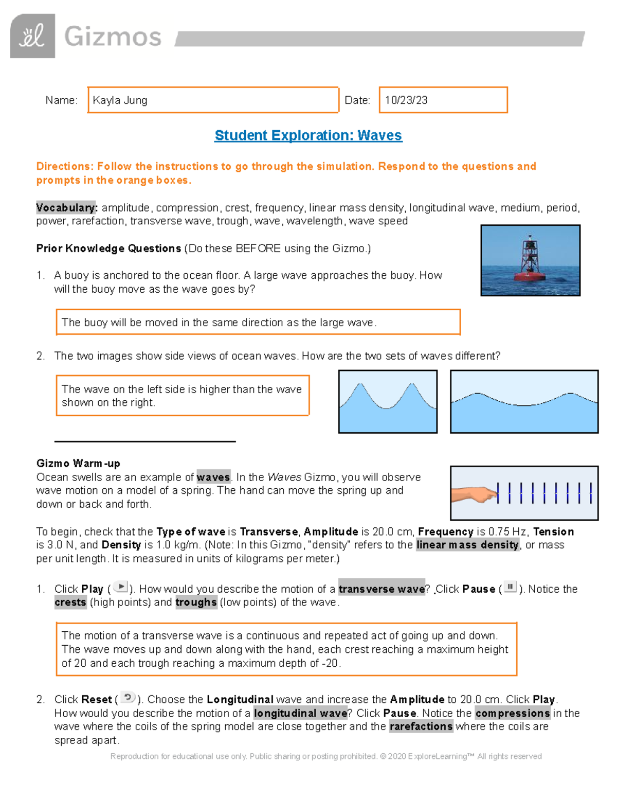 Gizmo - Waves Worksheet - Name: Kayla Jung Date: 10/23/ Student ...