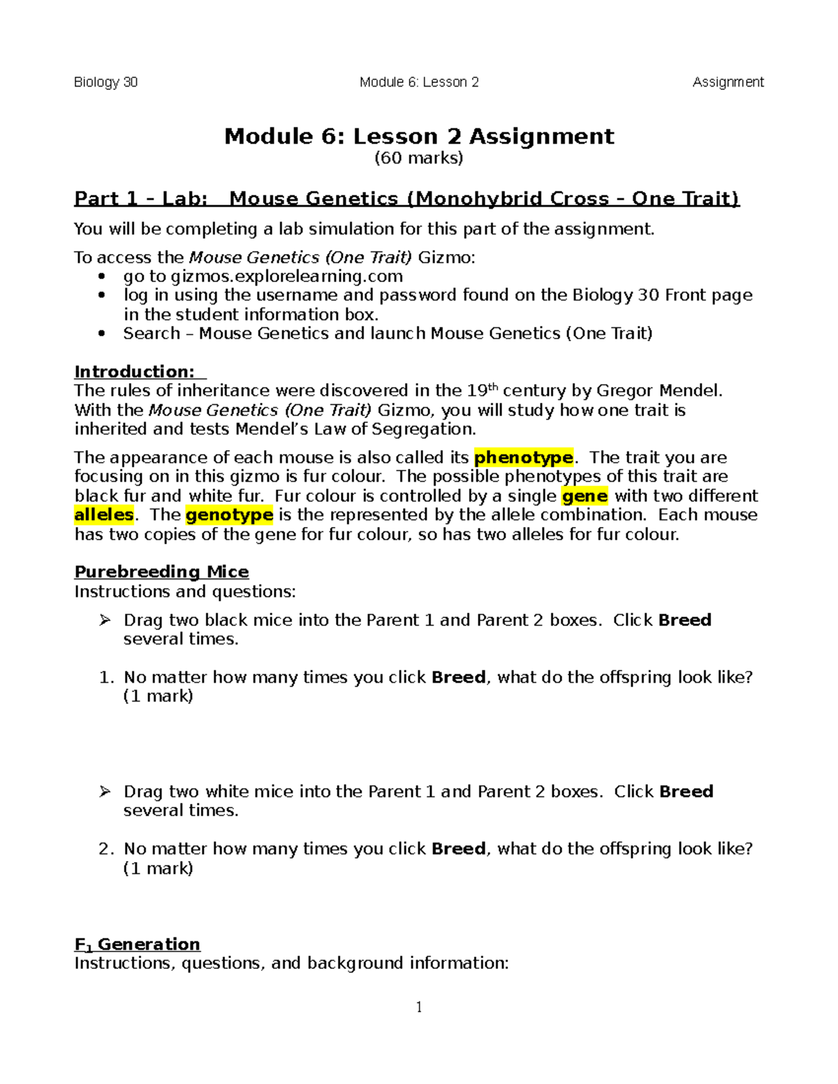 Bio 30 M6L2 - biology 30 - Module 6: Lesson 2 Assignment (60 marks ...