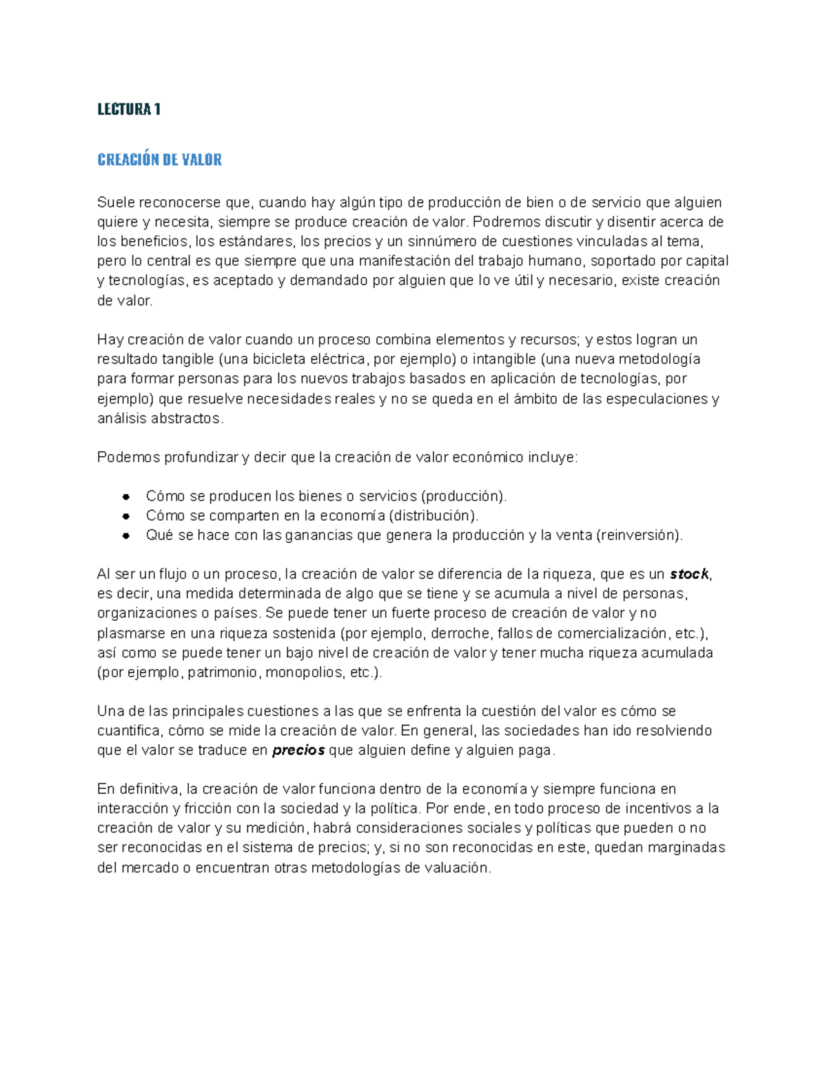 Resumen Tecnología Módulo 2 - LECTURA 1 CREACIÓN DE VALOR Suele ...