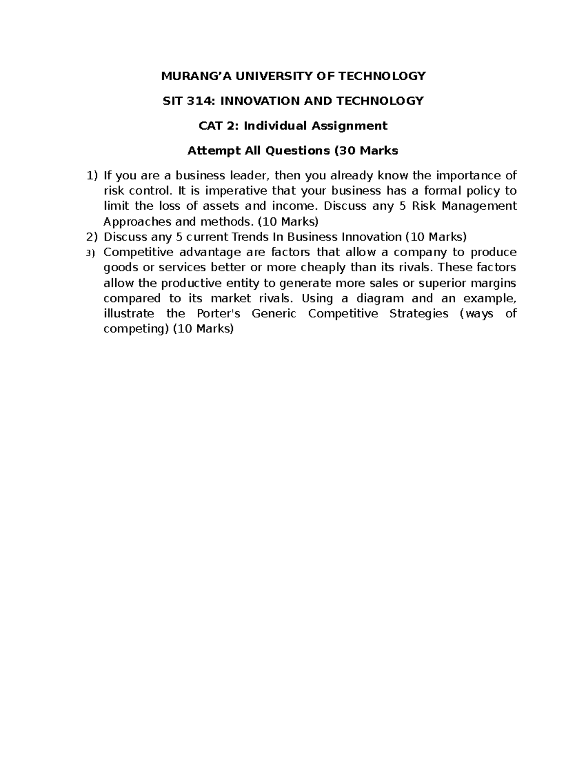 CAT 2 - cat - MURANG’A UNIVERSITY OF TECHNOLOGY SIT 314: INNOVATION AND TECHNOLOGY CAT 2 ...