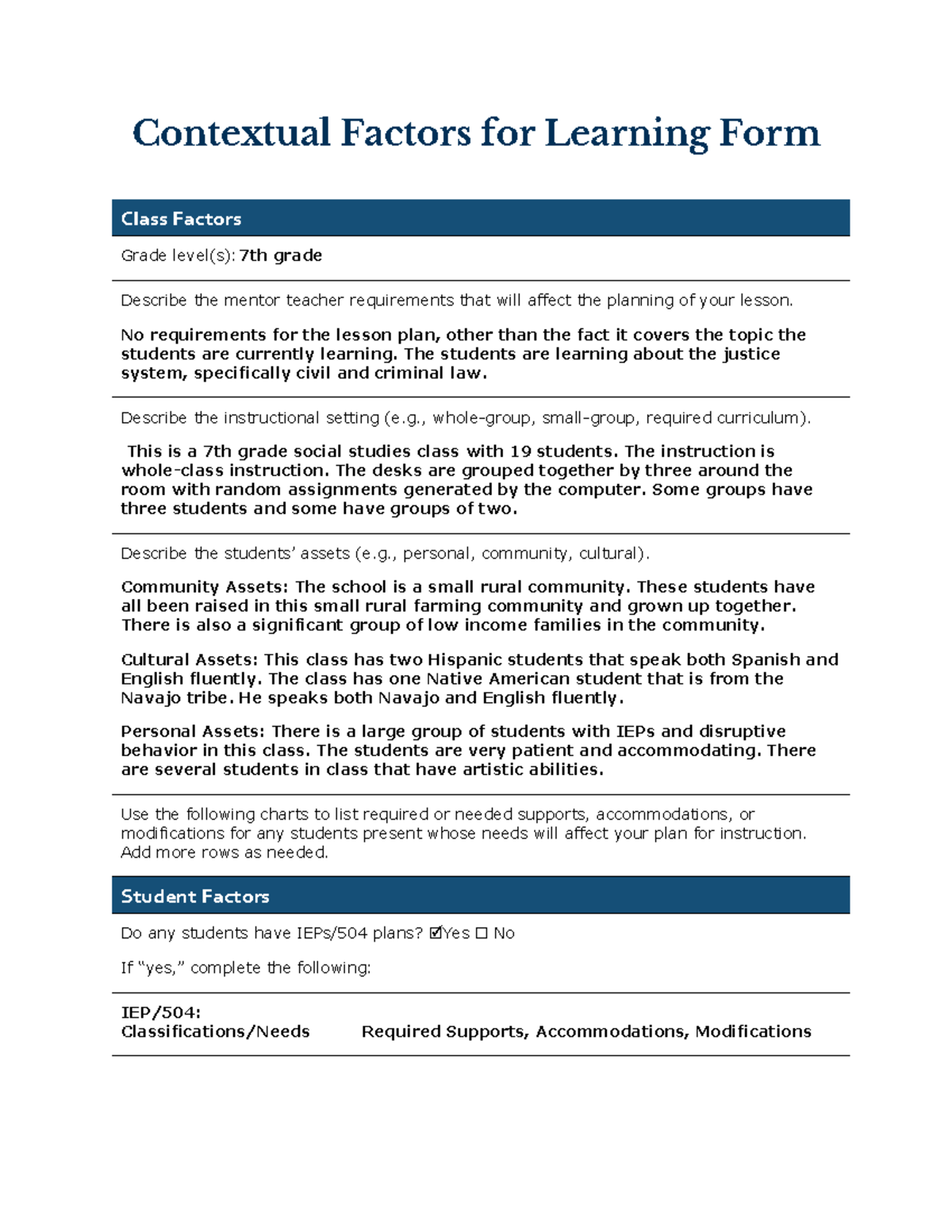 Contextual Factors - No requirements for the lesson plan, other than ...
