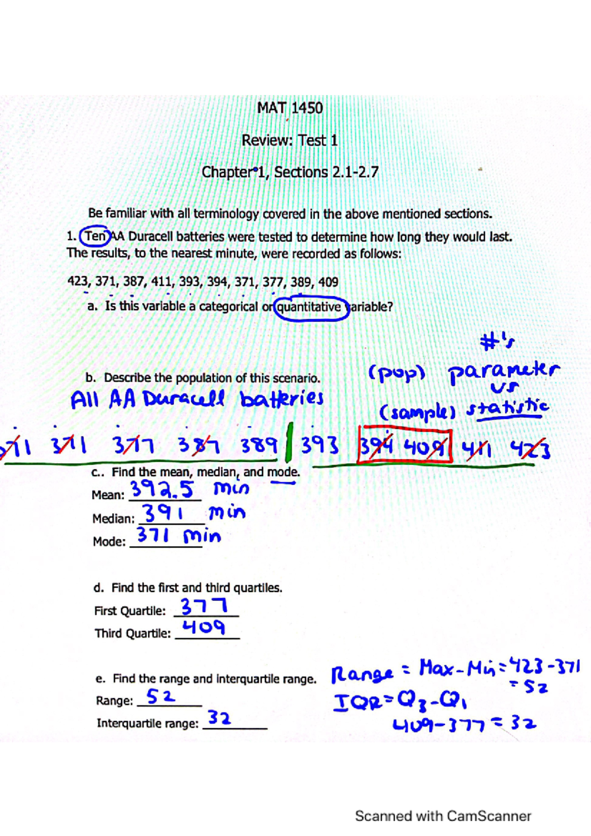 Review Test 1 Answer Key - 22.FA.MAT.1450.210 Introductory Statistics ...