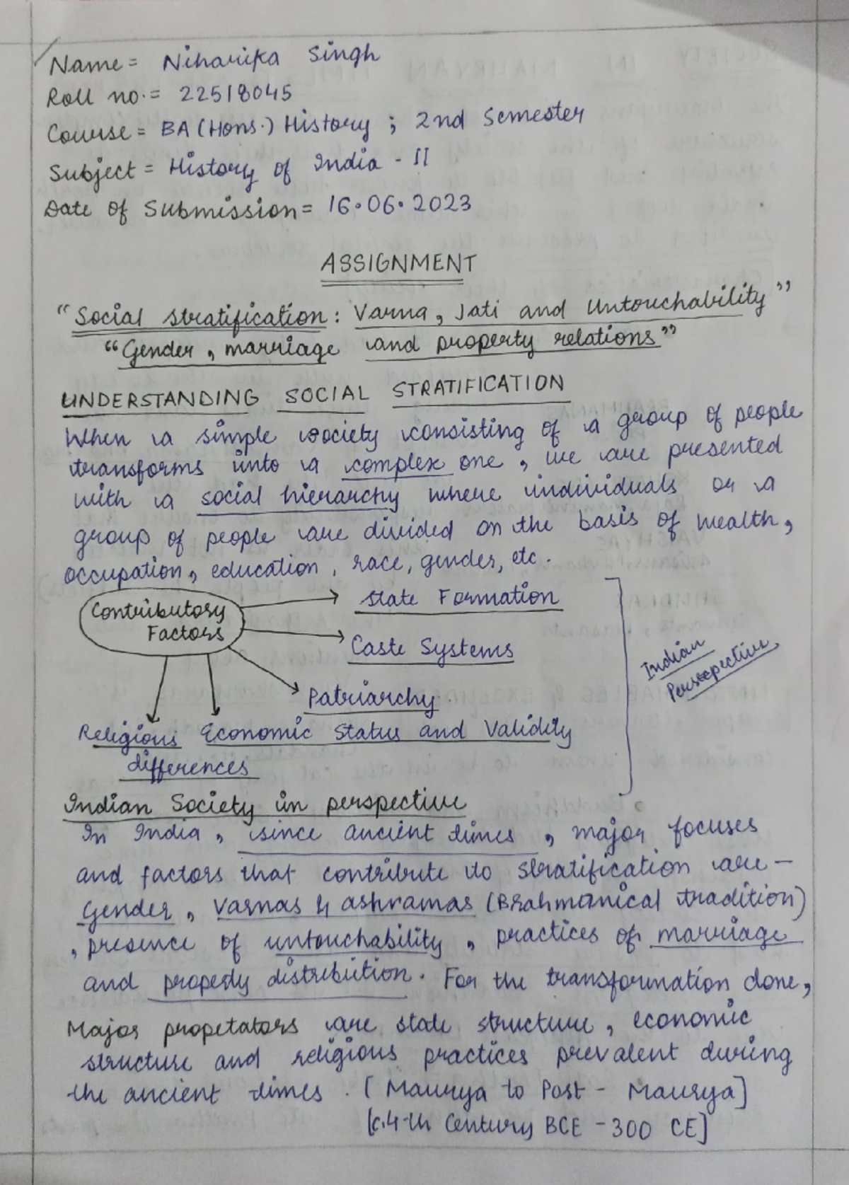Social Stratification - Name Niharika Singh Rol o= 2251% Ceunse = BA (Hons) Histouy ; 2nd ...