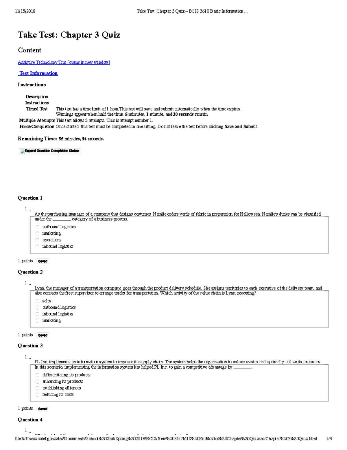 UNT - BCIS 3610 Chapter 3 Quiz Review - Take Test: Chapter 3 Quiz BCIS ...
